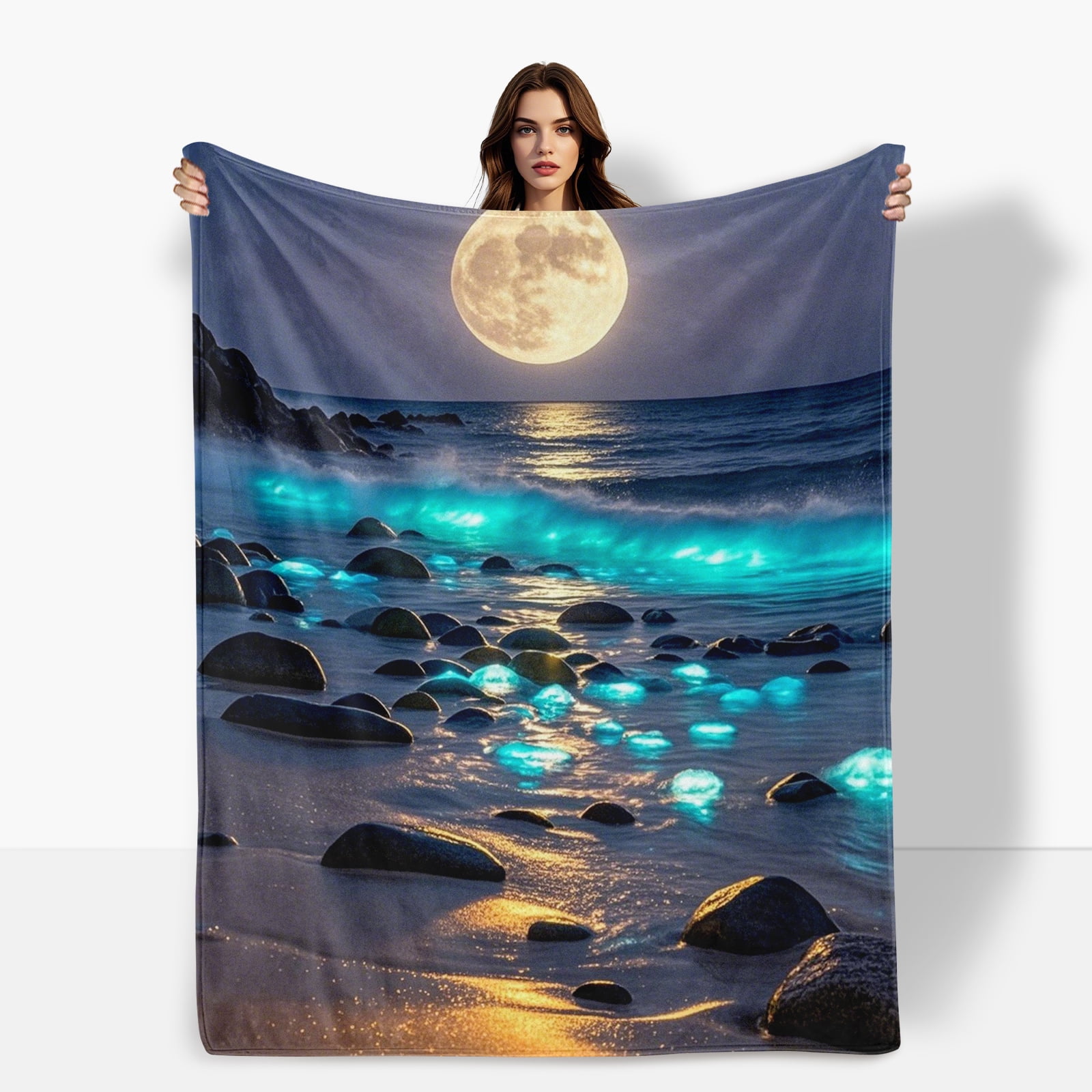 Full Moon Glow Blue Beach Waves Themed Cozy Fleece Blanket Soft Warm Comfortable For Sofa Bed ...