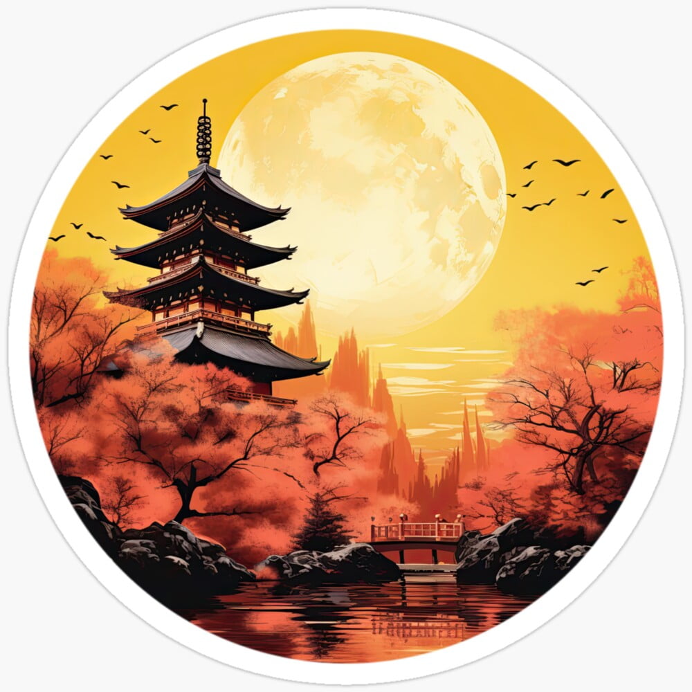 Full Moon Japanese Pagoda Zen Art Stickerphone Decal Water Bottle ...