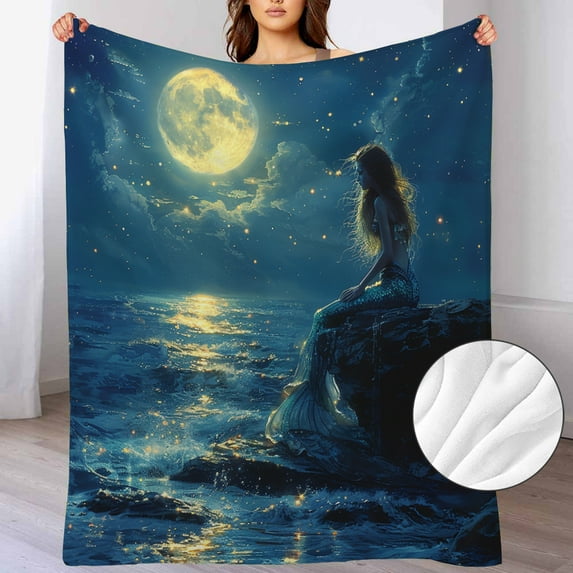 Full Moon Mermaid printing flannel Blanket - Watercolor Nautical Design ...