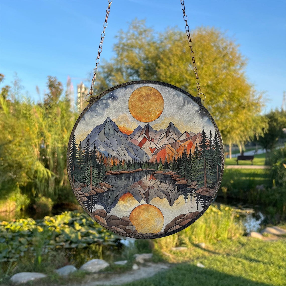 Full Moon Mountain Glass Suncatcher, Night Sky Window Hanging, Nature ...