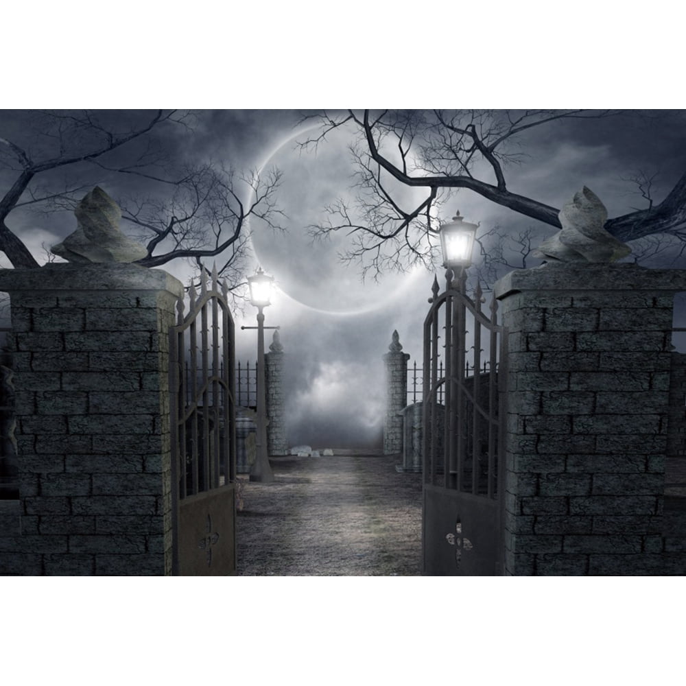 Full Moon Night Halloween Backdrop Scary Misty Forest Gloomy Graveyard ...