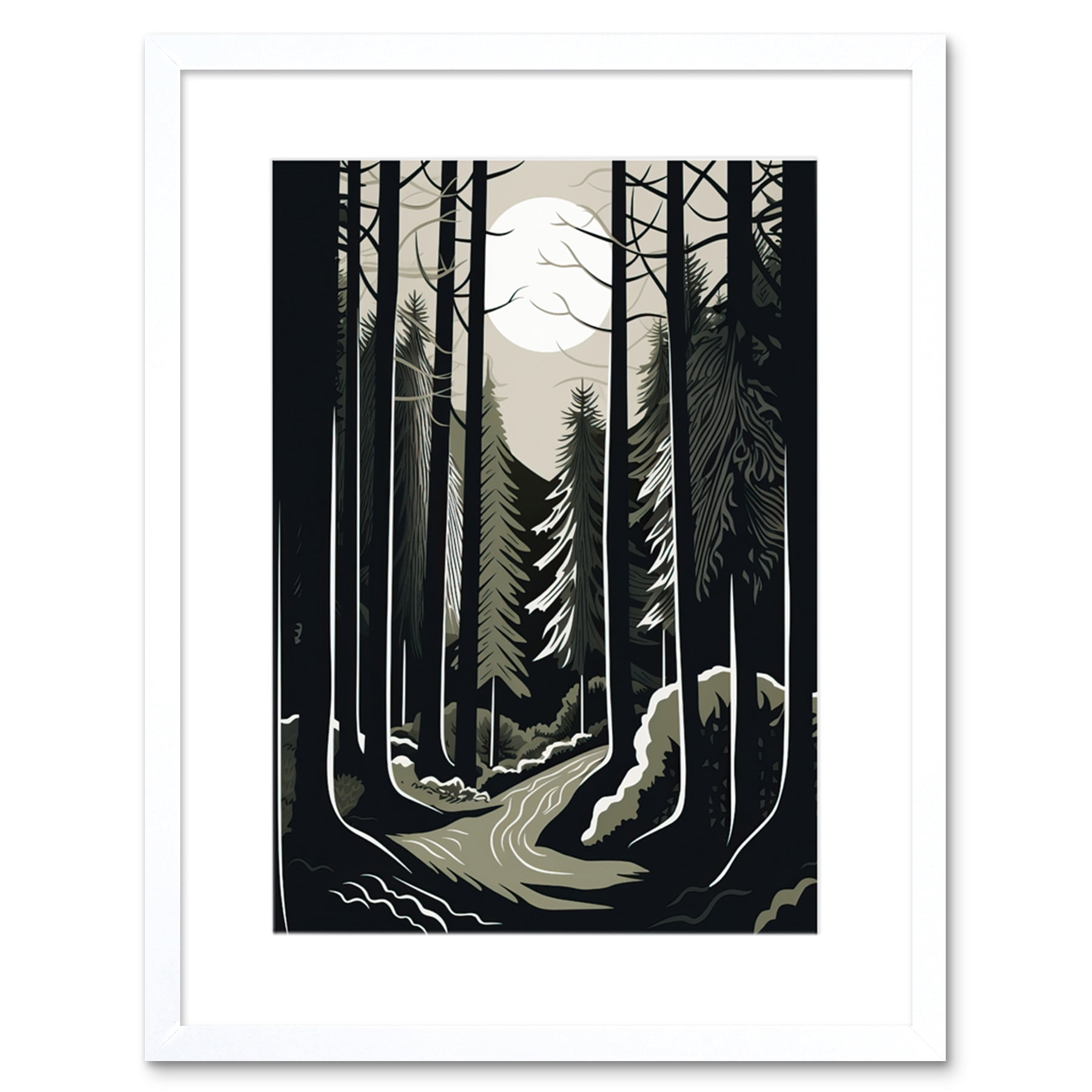 Full Moon Night at Pine Forest Landscape Linocut Artwork Framed Wall ...