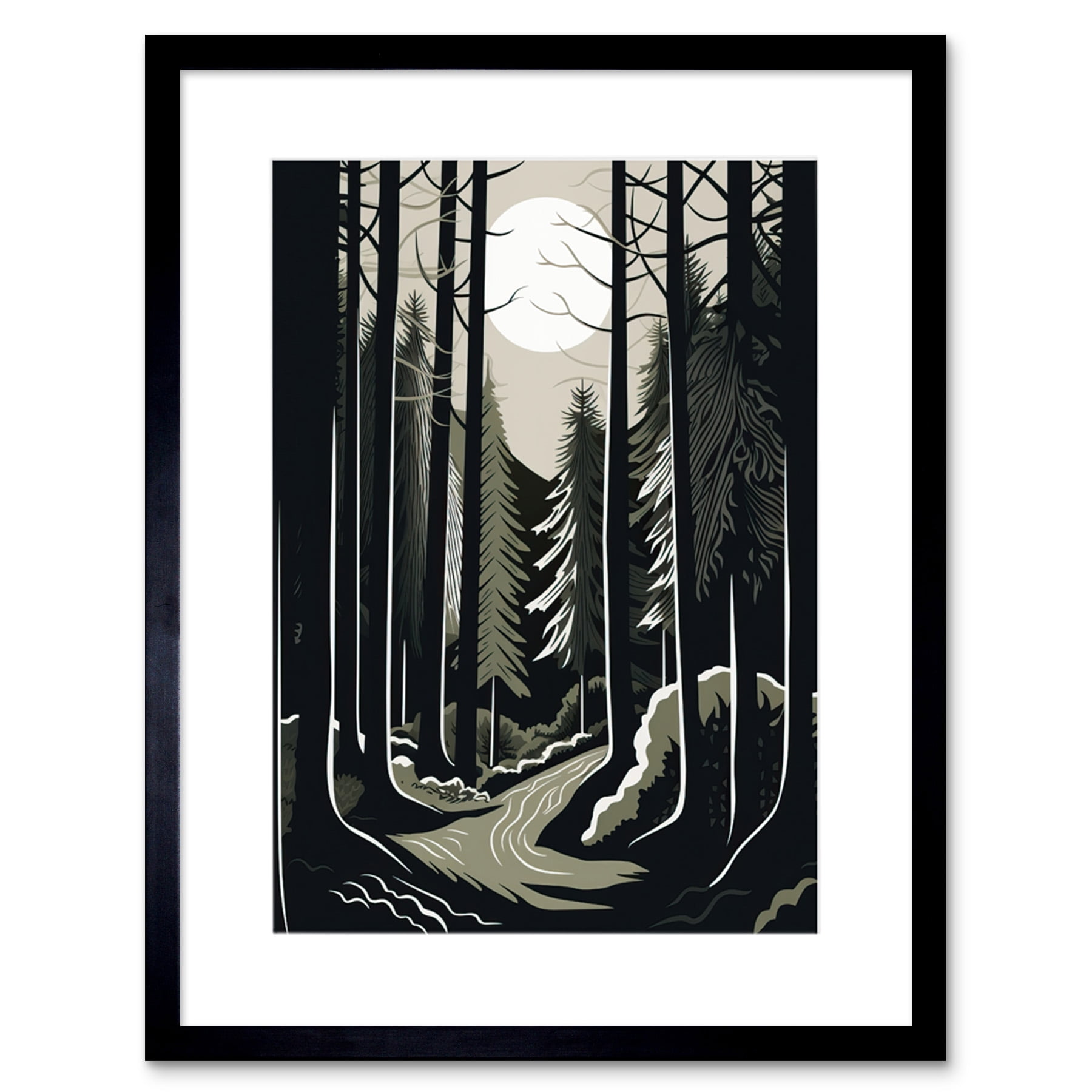 Full Moon Night at Pine Forest Landscape Linocut Artwork Framed Wall ...