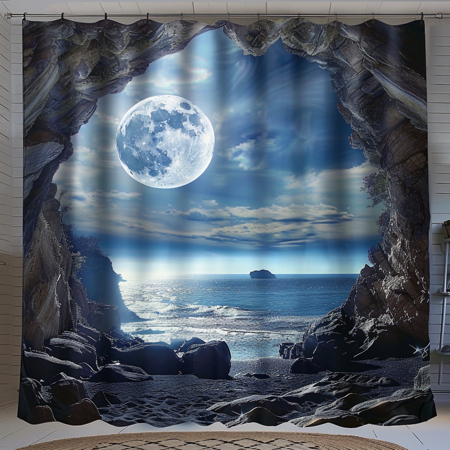 Full Moon Ocean Cave Shower Curtain Waterproof Fabric Bathroom Decor