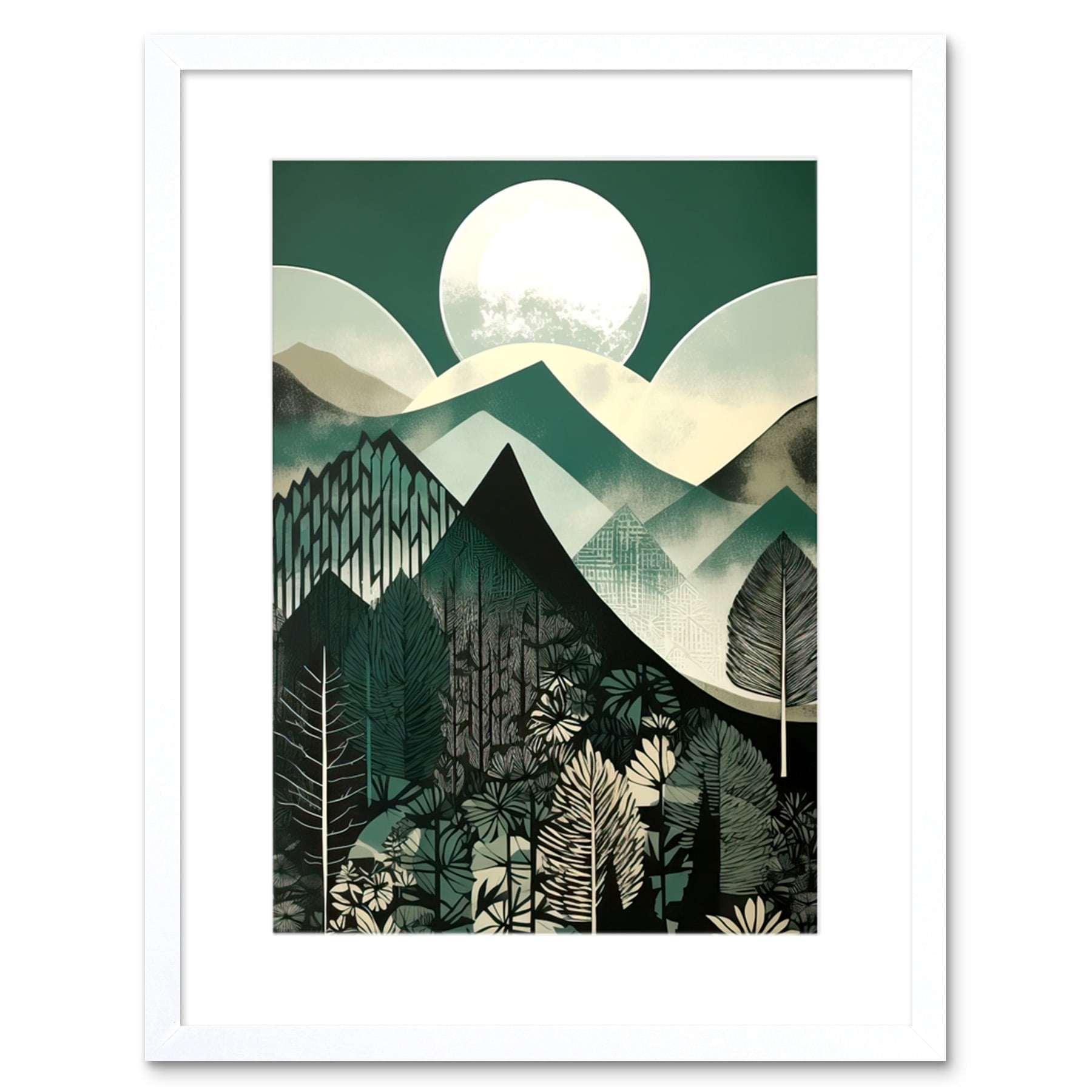 Full Moon Over Mountain Forest Linocut Mid Century Sage Green Moonlit ...