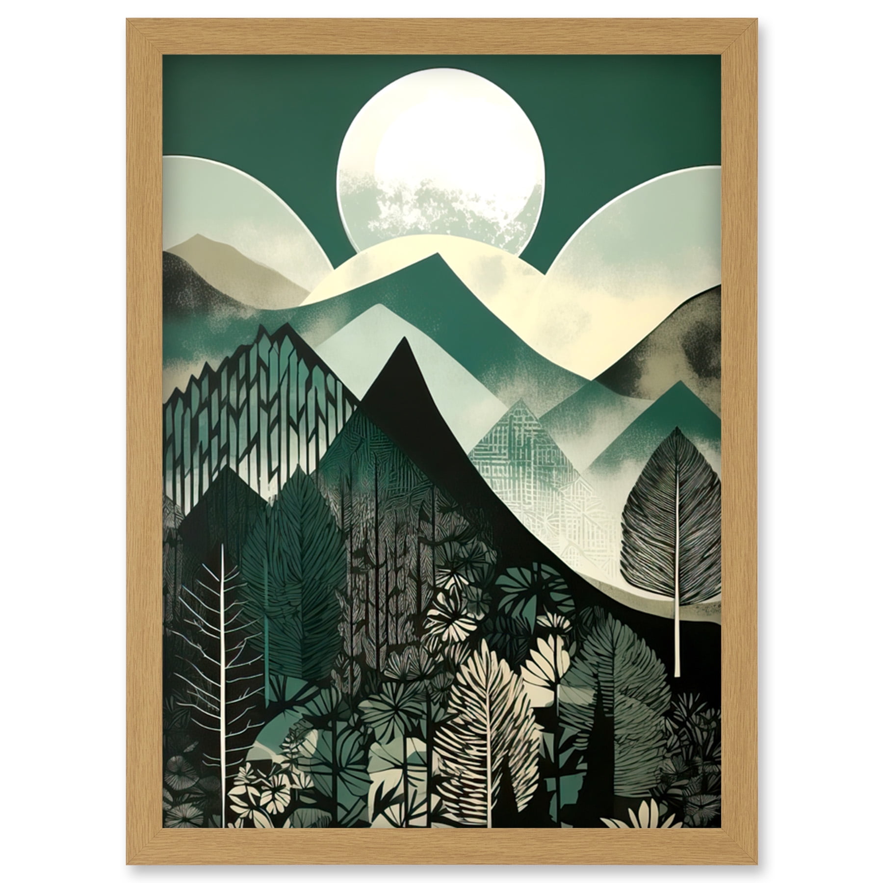 Full Moon Over Mountain Forest Linocut Mid Century Sage Green Moonlit ...