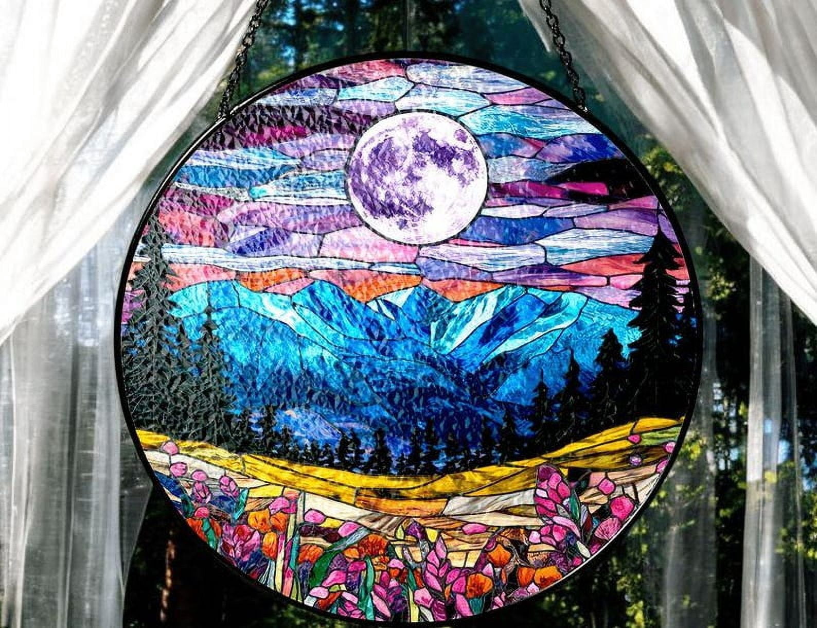 Full Moon Over Mountains Faux Stained Glass Suncatcher, Mountain Window ...