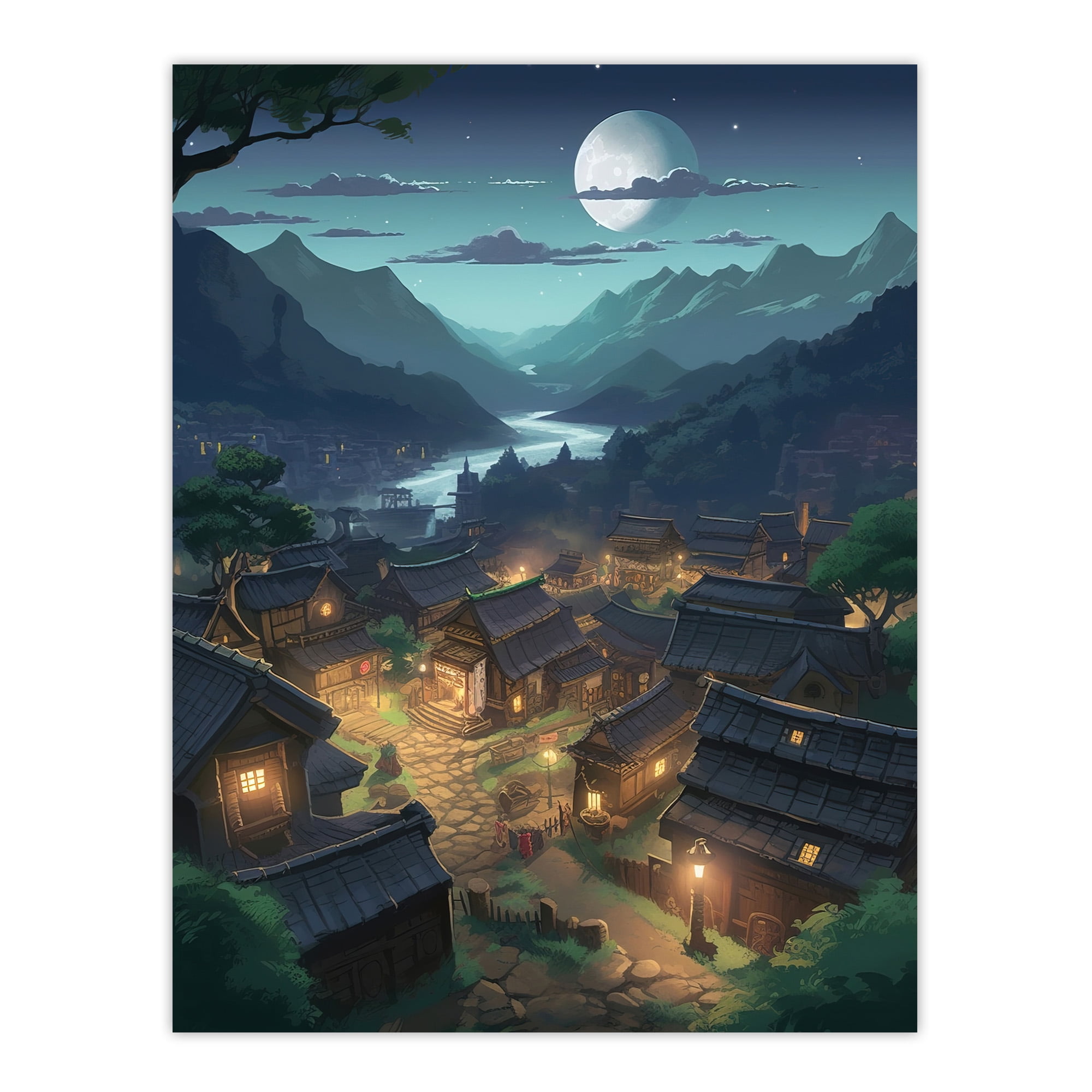 Full Moon Over Peaceful Village with Traditional Chalet Houses Painting ...