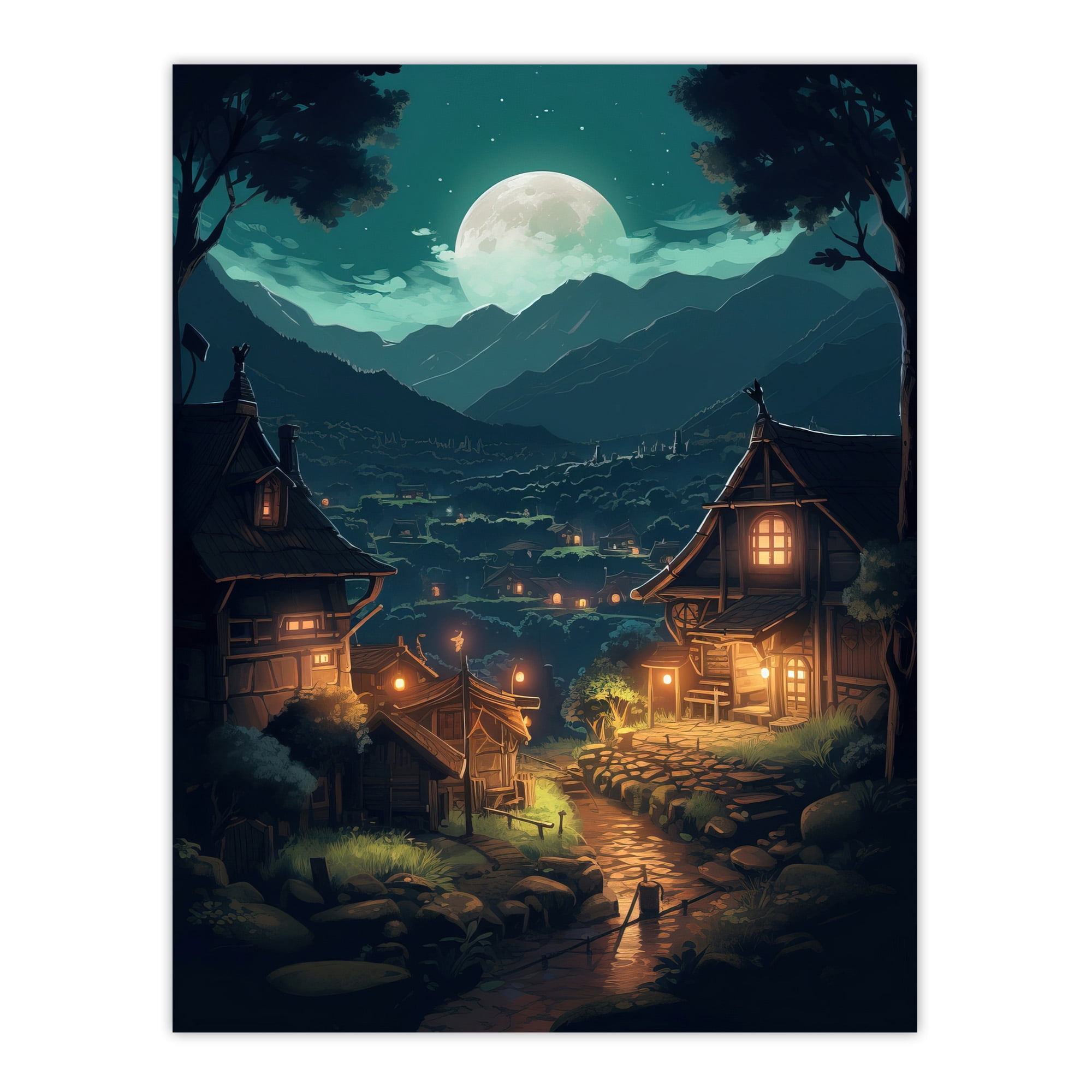 Full Moon Over Traditional Chalet Houses in Peaceful Village Painting ...