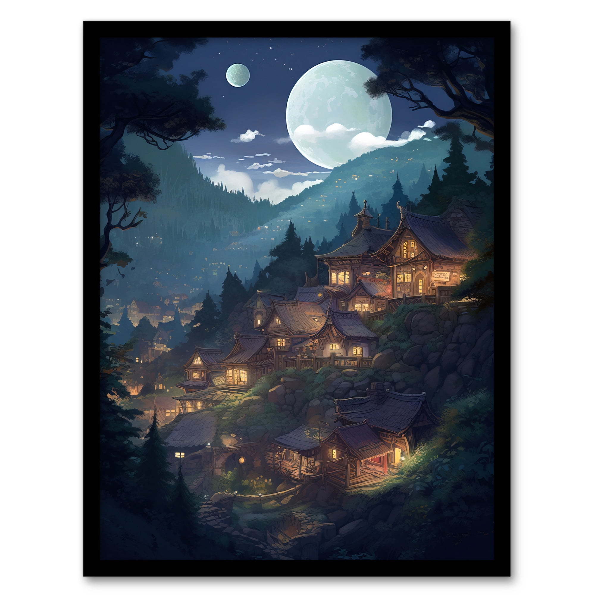 Full Moon Over Peaceful Village with Traditional Chalet Houses Painting ...