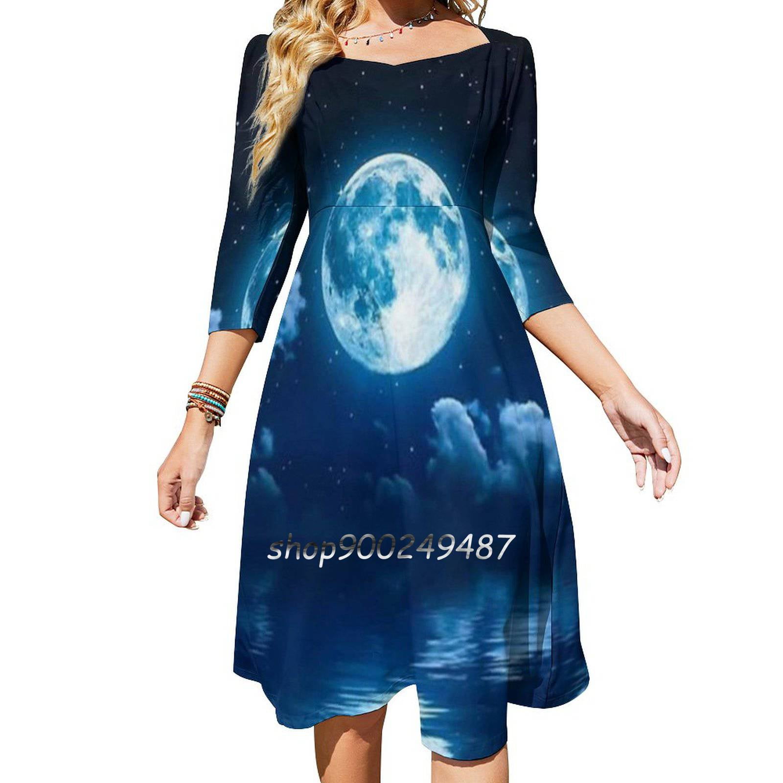 Full Moon Reflection Square Neck Dress New Plus Size Elegant Women ...