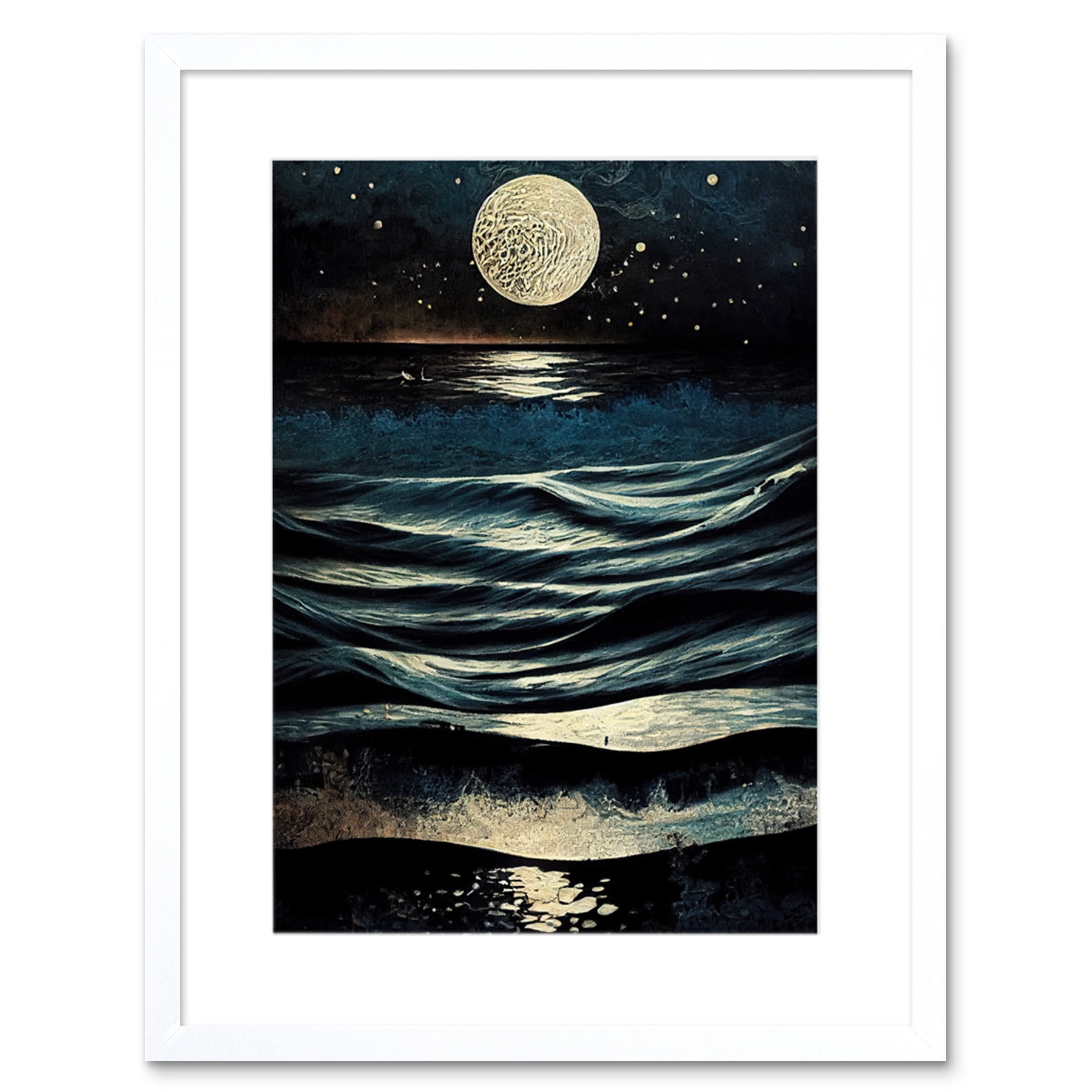 Full Moon Rising Over Clear Night Sky Tidal Waves Artwork Framed Wall ...