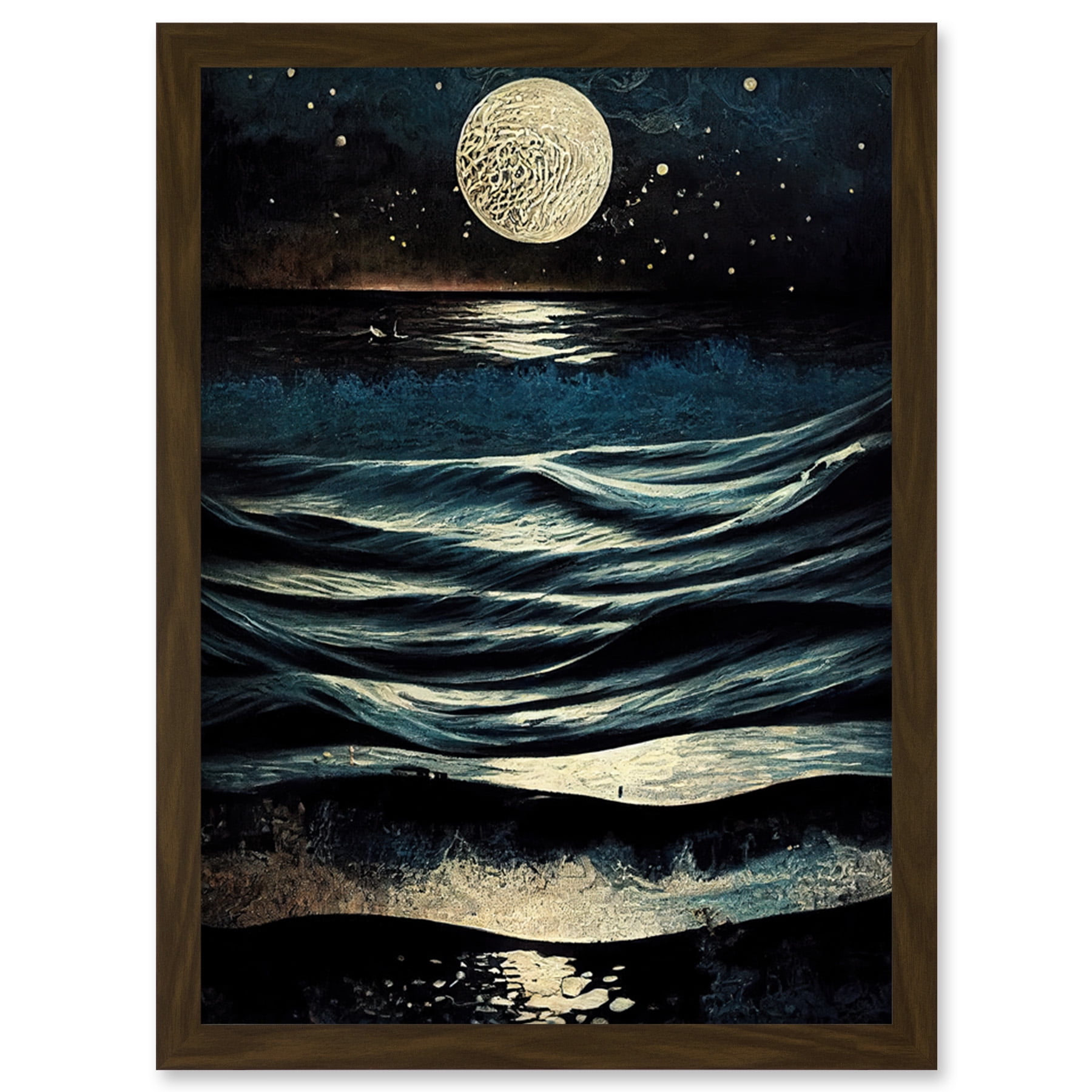 Full Moon Rising Over Clear Night Sky Tidal Waves Artwork Framed Wall ...