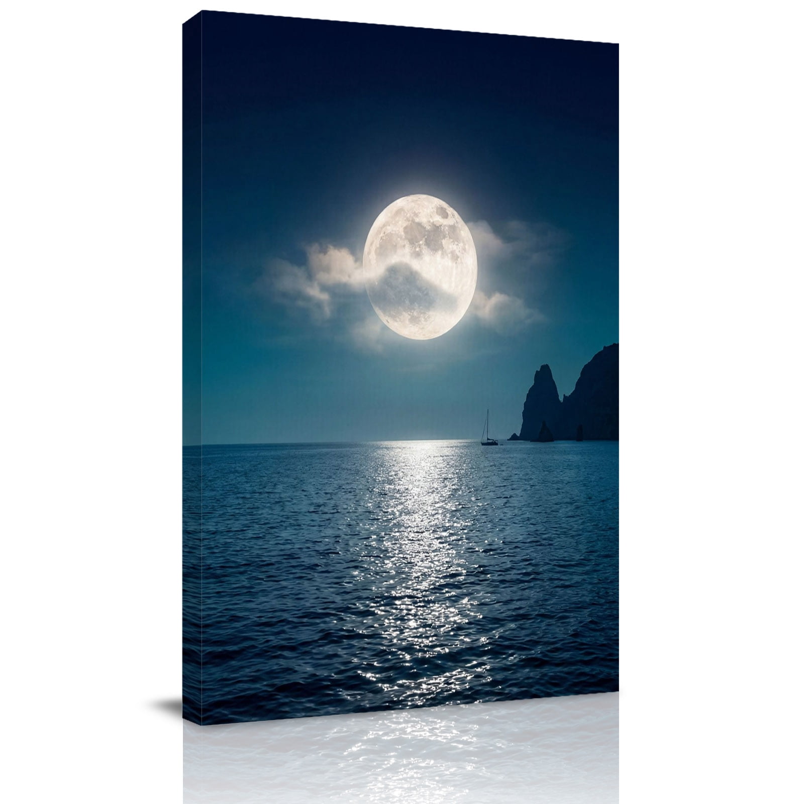 Full Moon Over The Sea Canvas Wall Art for Living Room, Deep Blue Sky ...