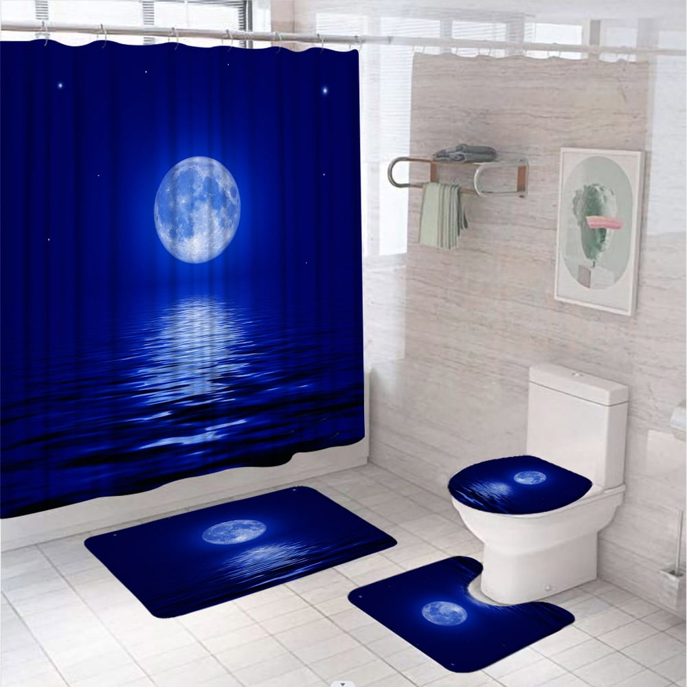 Full Moon Sea Ocean Shower Curtains Set with Rug Toilet Cover Bath Mat ...