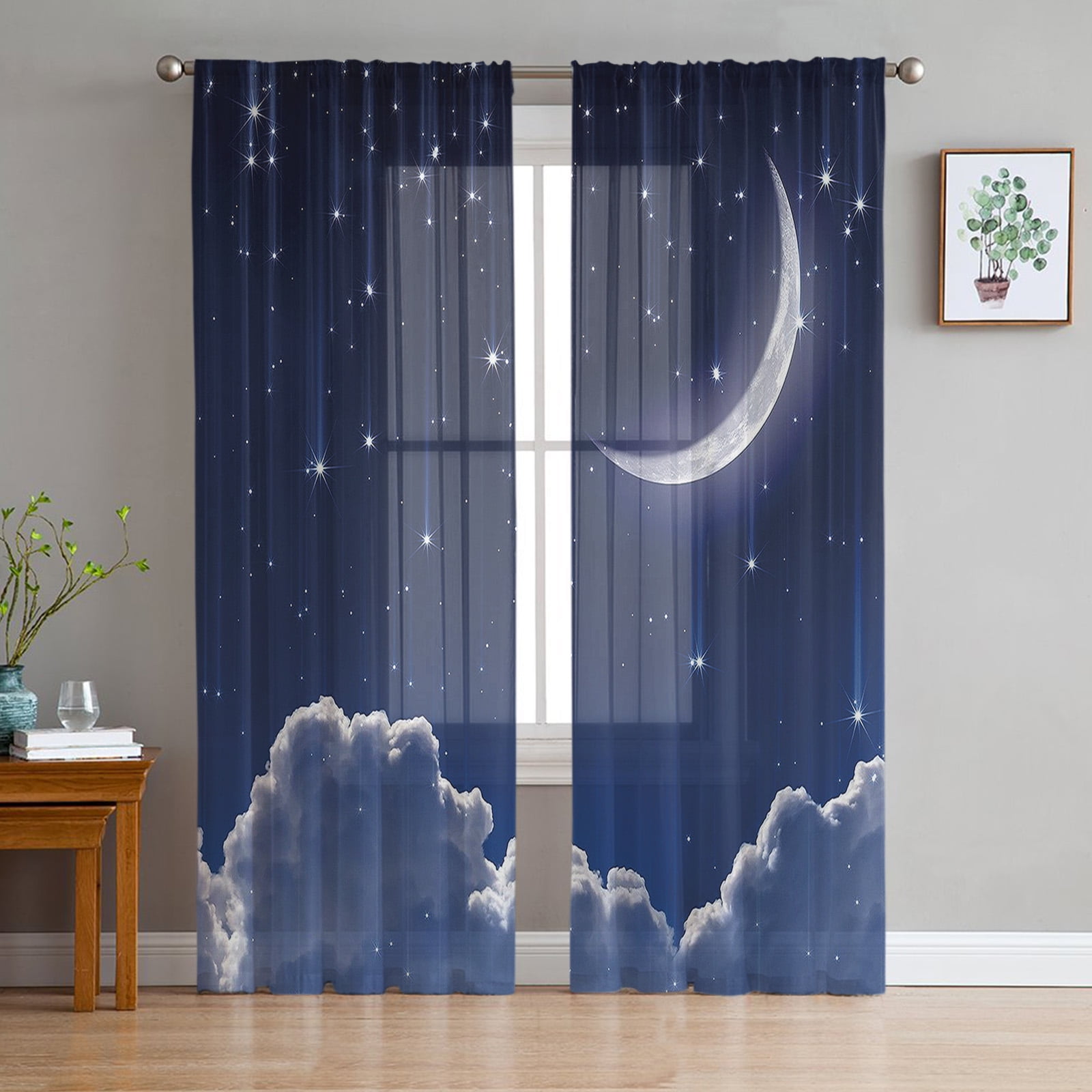 Full Moon Sea Reflection Sheer Voile Curtain for Living Room Bedroom ...