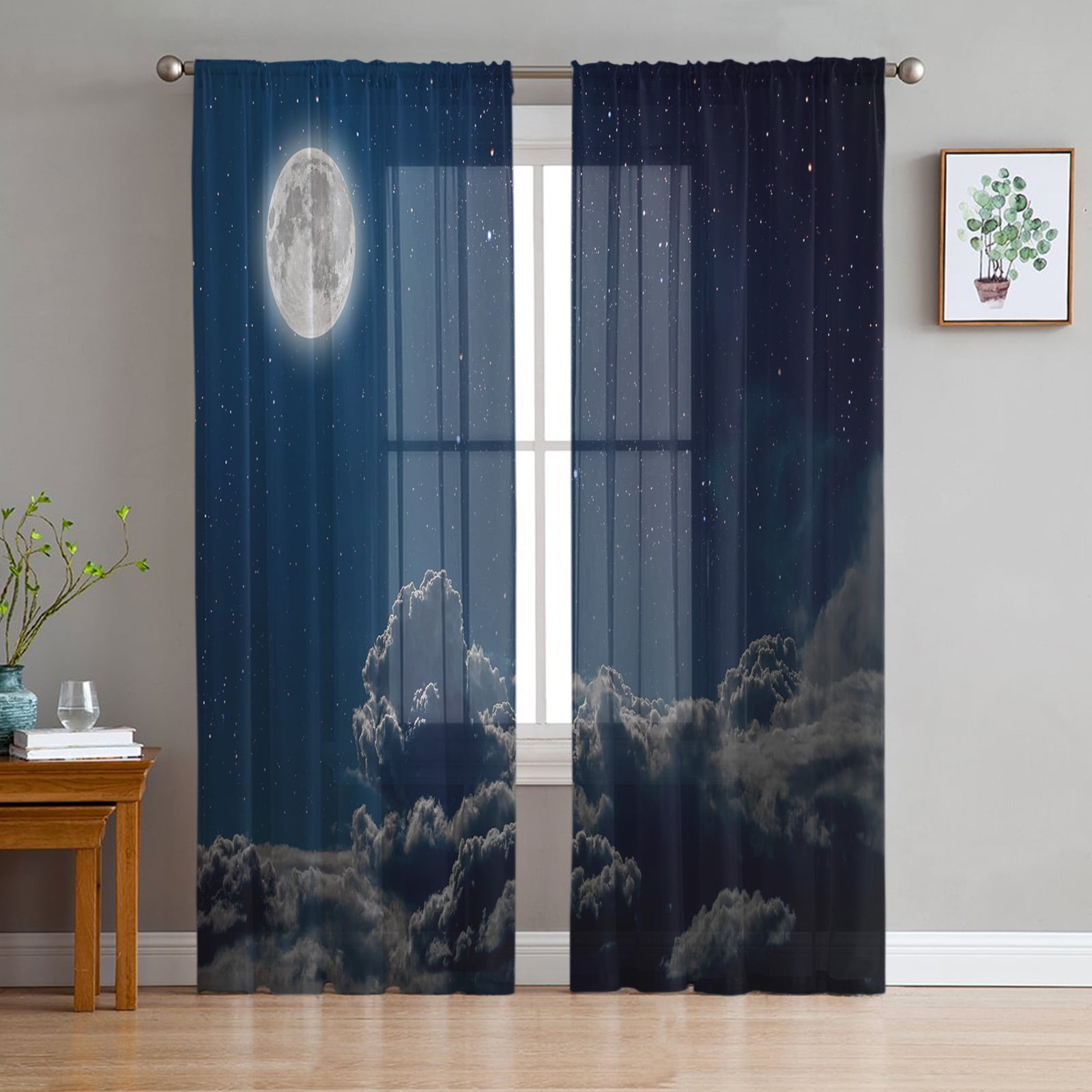 Full Moon Sea Reflection Sheer Voile Curtain for Living Room Bedroom ...