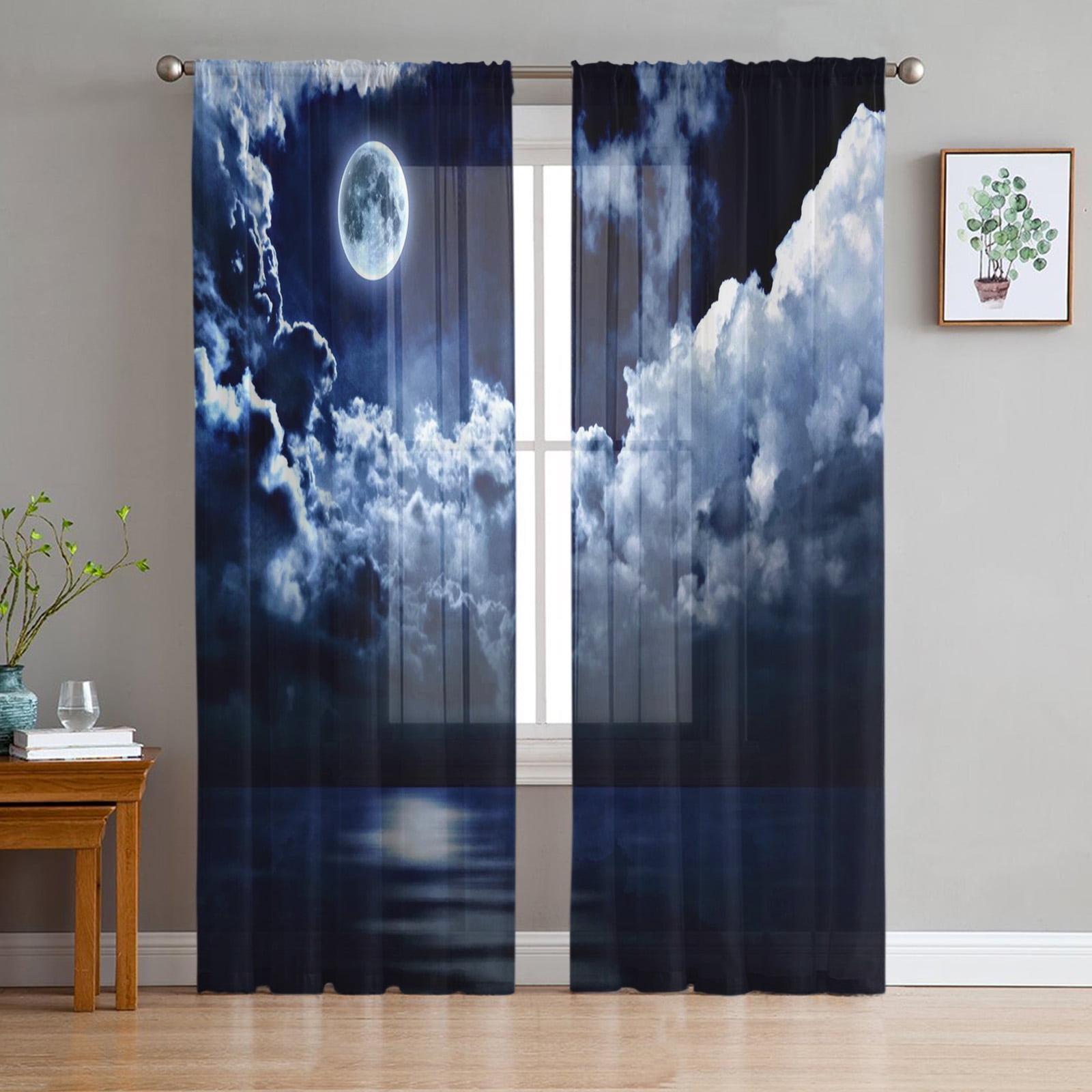 Full Moon Sea Reflection Sheer Voile Curtain for Living Room Bedroom ...