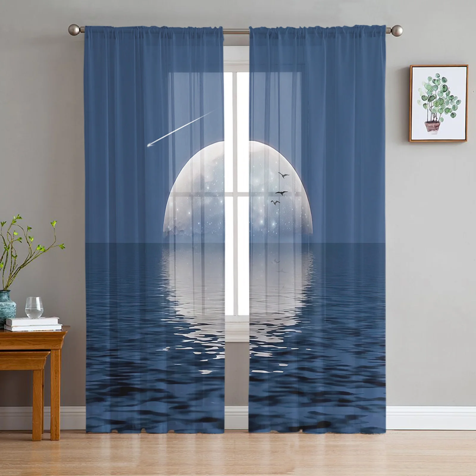 Full Moon Sea Reflection Sheer Voile Curtain for Living Room Bedroom ...
