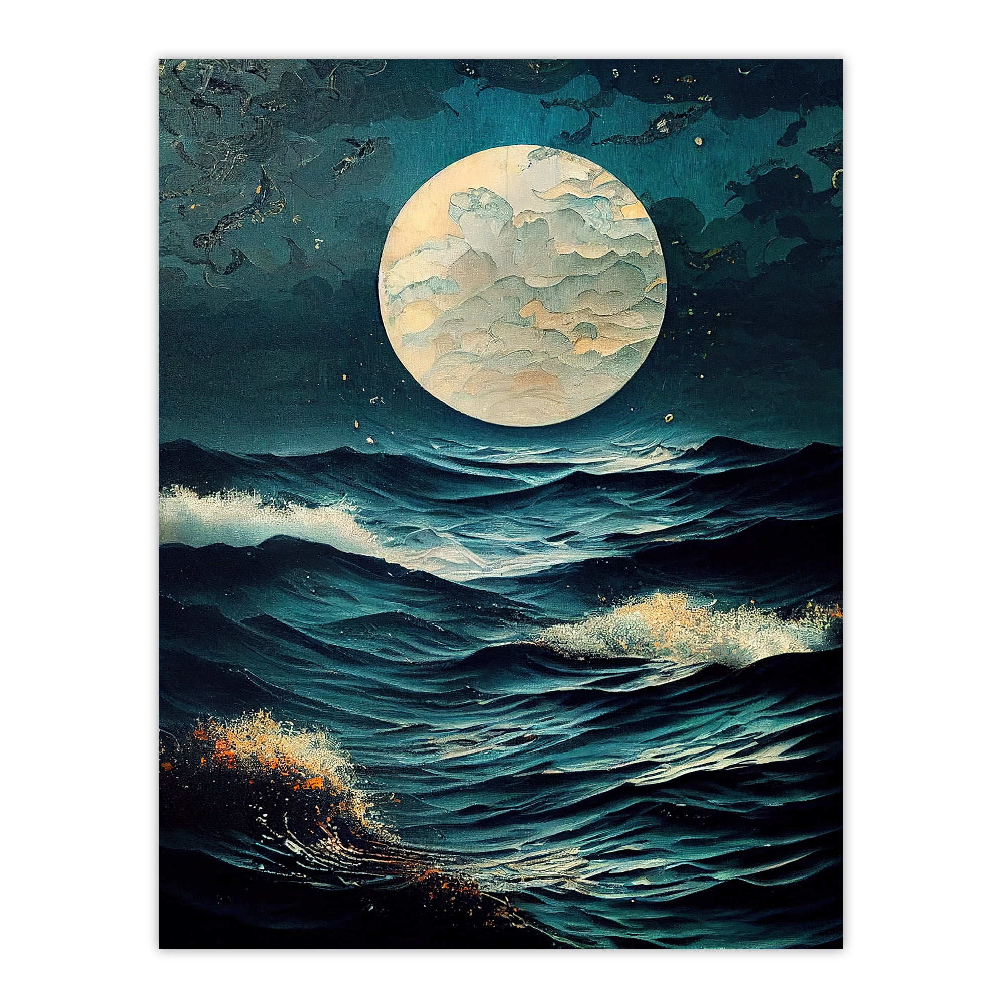 Full Moon Seascape Oil Painting Moonlit Sea with Restless Waves Extra ...