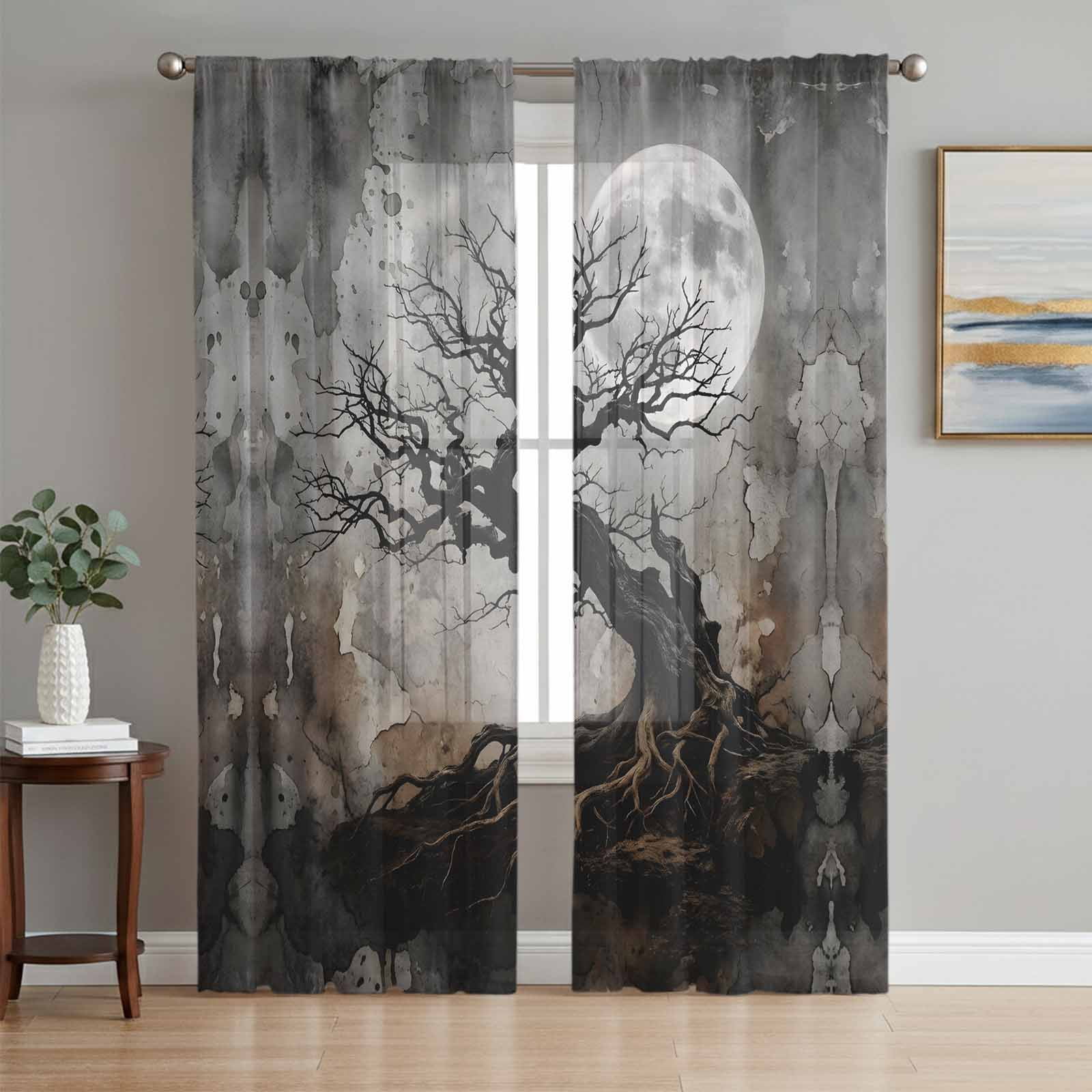 Full Moon Sheer Curtains for Living Room Bedroom Vintage Horror Tree ...