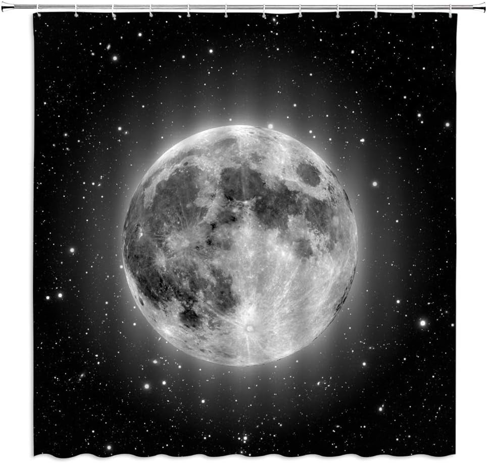 Full Moon Shower Curtain Fantasy Black Starry Sky Glowing Gray ...