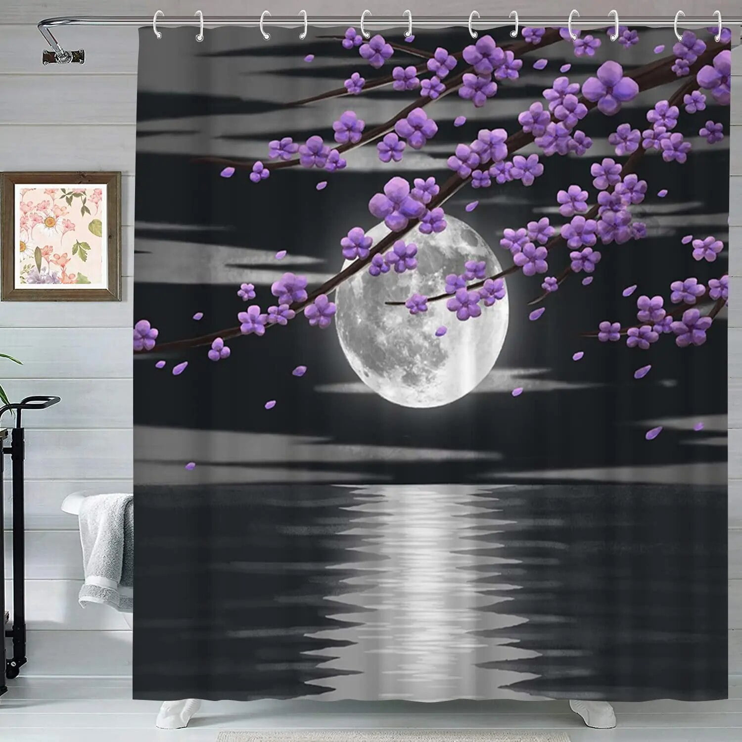Full Moon Shower Curtain Flower Cherry Blossom Ocean Planet Star Sky ...