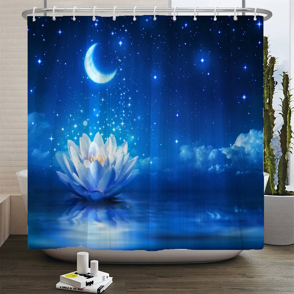 Full Moon Shower Curtain Ocean Landscape Starry Sky Waterproof Fabric ...