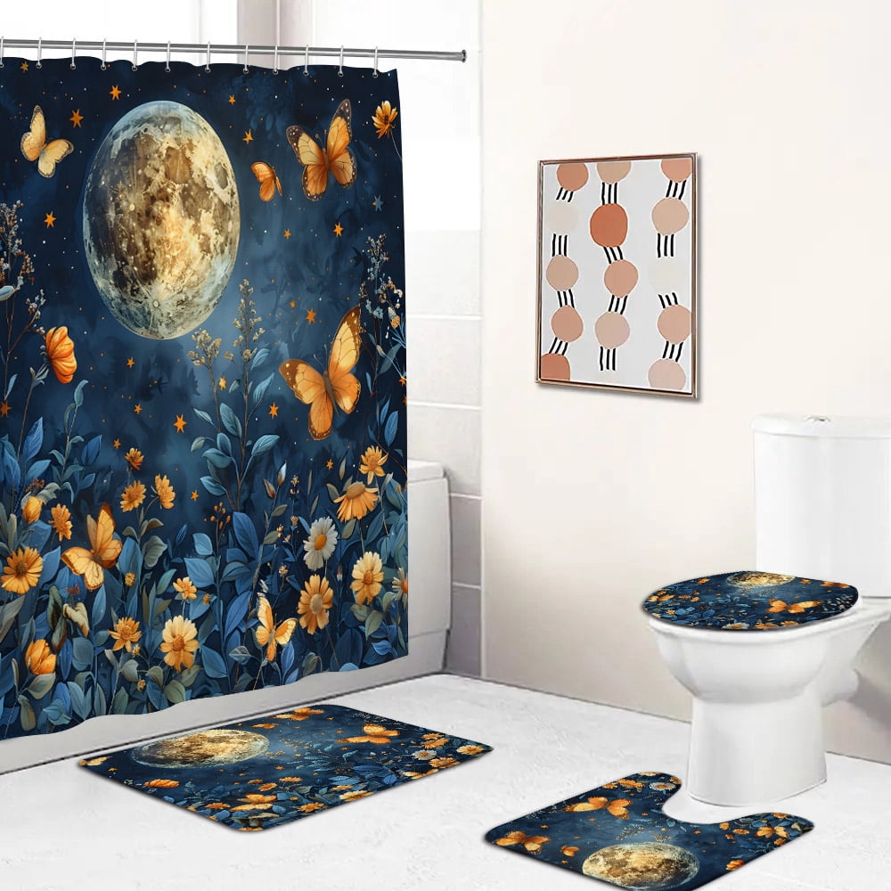 Full Moon Shower Curtain Set Crescent Pink Rose Plant Herb Butterfly ...