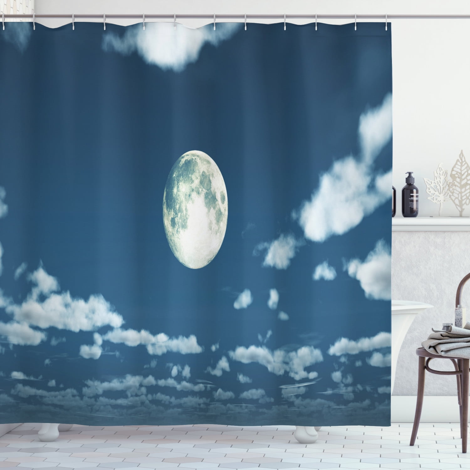 Full Moon Shower Curtain, Sky with Pieces of Fluffy Clouds Scattered ...