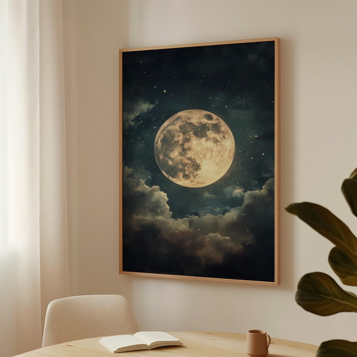 Full Moon Wall Art – Luminous Night Sky With Clouds And Twinkling Stars ...
