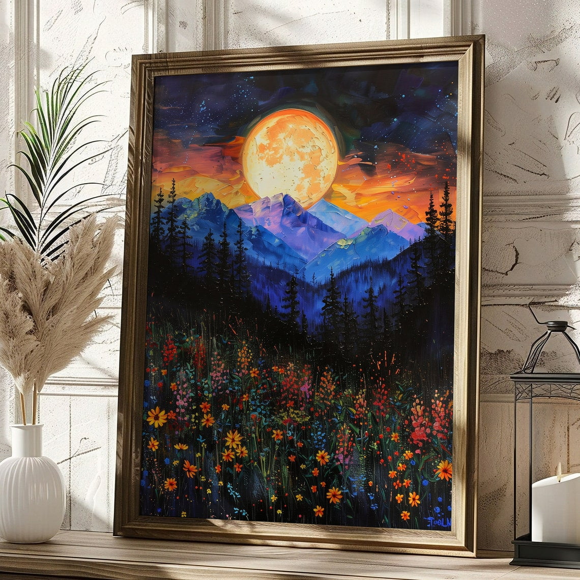 Full Moon Wildflowers Print, Moon Above The Wildflower Nature Oil ...