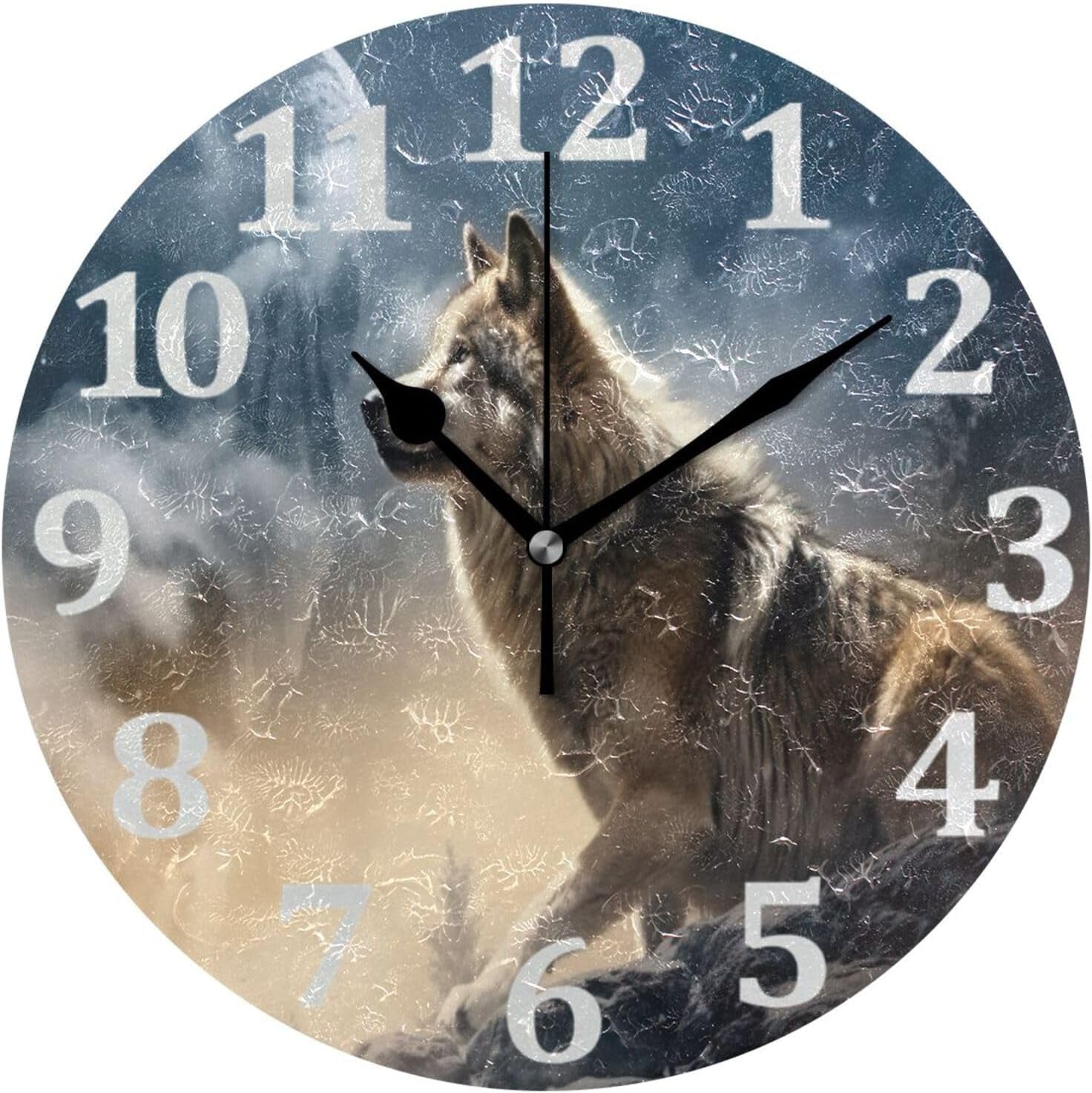 Full Moon Wolf Wall Clock Round Vintage Silent Non Ticking Battery ...