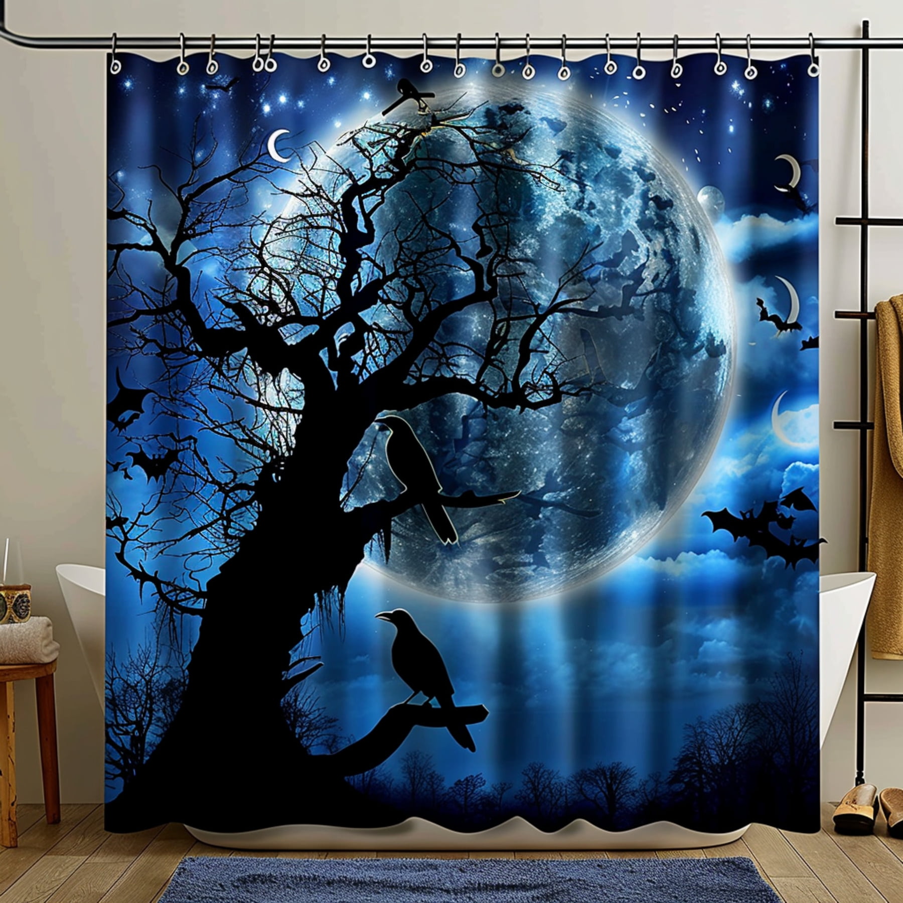 Full Moon and Crows Gothic Shower Curtain Hyper Realistic Night Sky ...