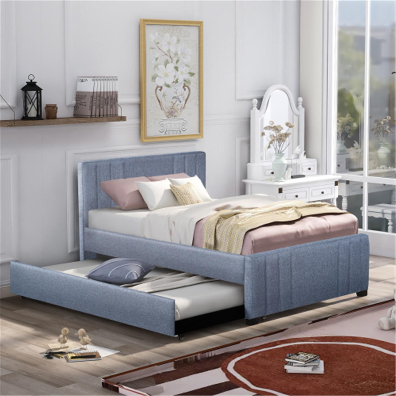 Full Multi-Utility Upholstered Platform Bed Frame with Trundle, Space ...