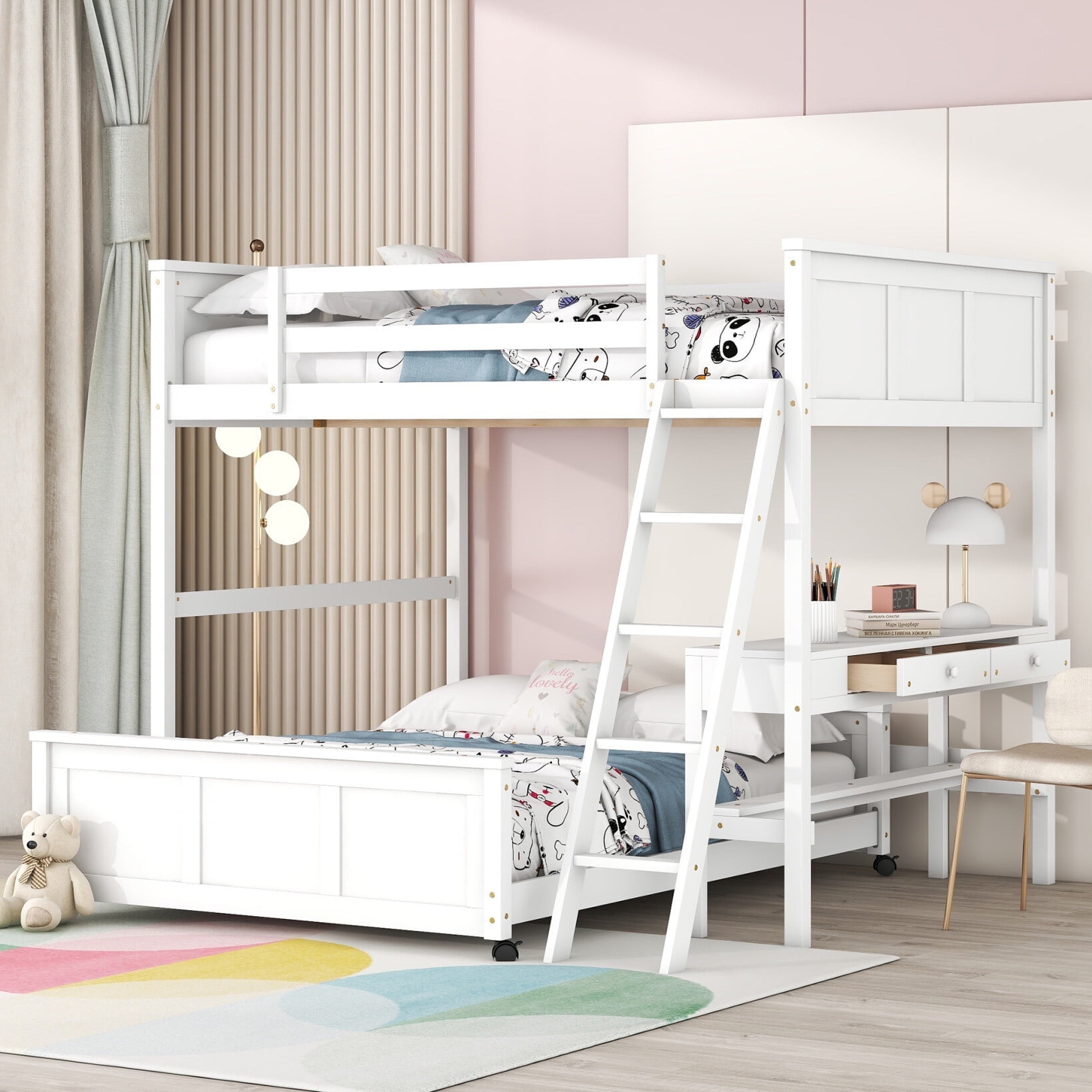 Full Over Full Bunk Bed with Built-in Desk and Two Storage Drawers ...