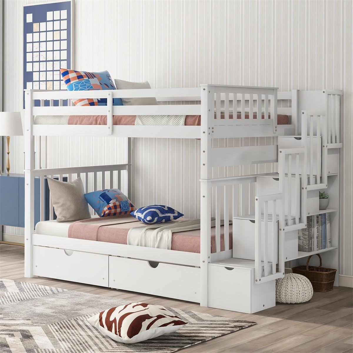 Full Over Full Bunk Bed, Detachable Stairway Bunk Bed with Shelves and ...