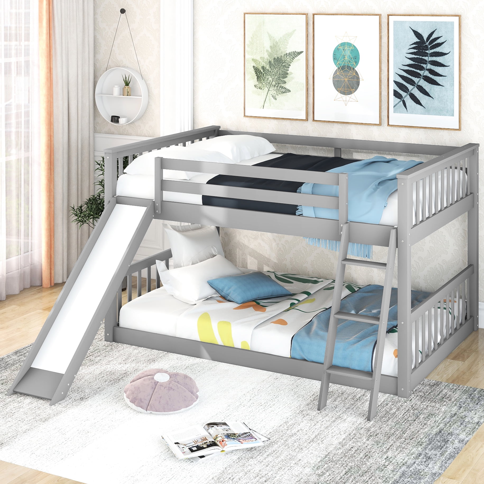 Full Over Bunk Bed, Gray - With Foldable And Telescopic Slide ...