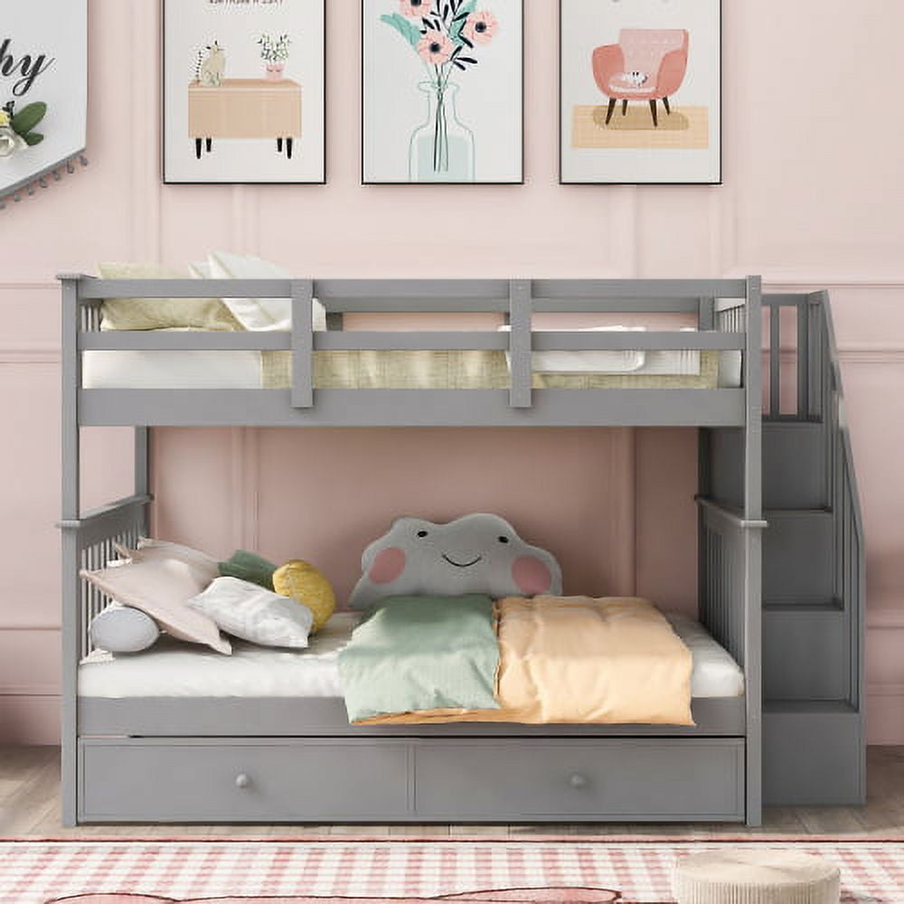 Full Over Full Bunk Bed,Solid Wood Bunk Bed Frame with Twin Size Trundle and Storage Shelf ...