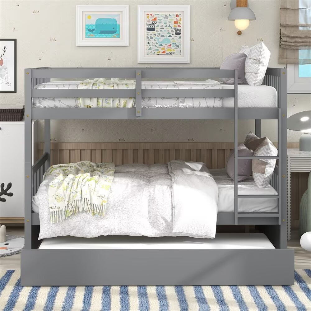 Full Over Full Bunk Bed with Trundle, Wood Bunk Bed Frame with Ladder ...