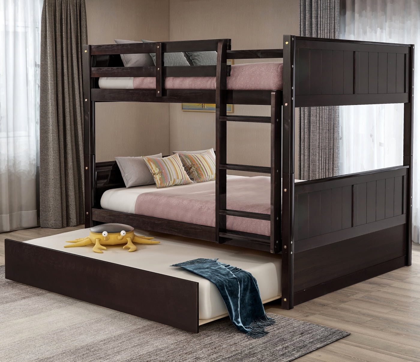 Full Over Full Bunk Bed with Twin Size Trundle, Premium Pine Pine Wood ...