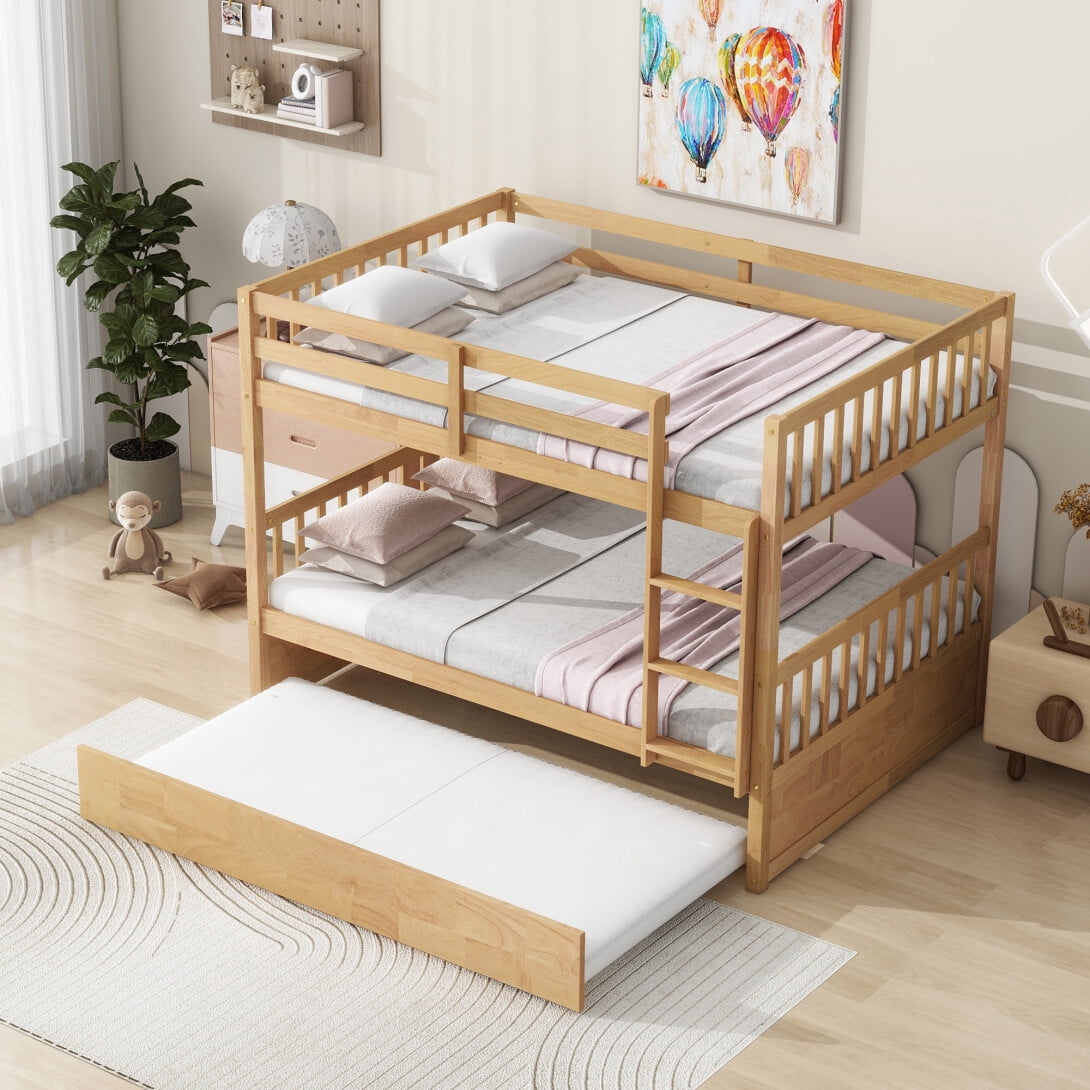Full Over Full Bunk Bed with Twin Size Trundle, Rubber Wood Bed Frame ...