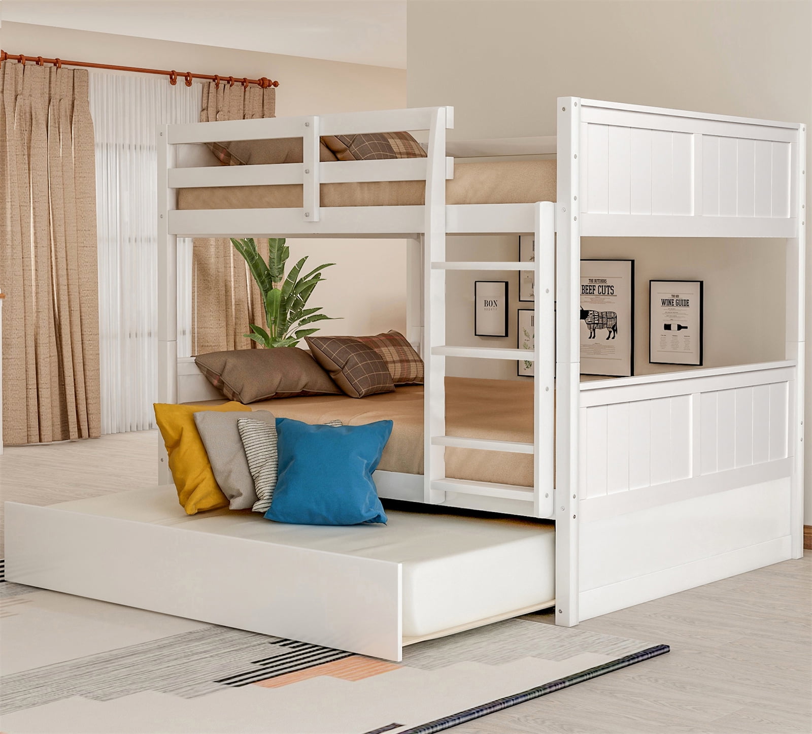 Full Over Full Bunk Bed with Twin Size Trundle, Wooden Bunk Bed Frame ...