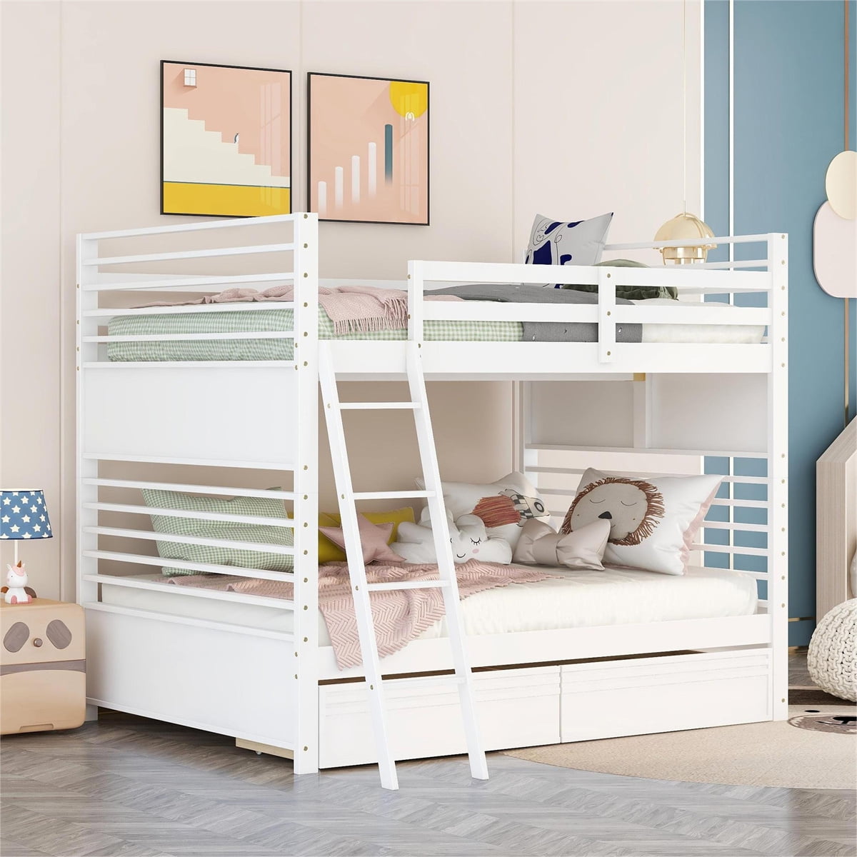 Full Over Full Bunk Bed with Two Storage Drawers, Solid Wood Bunk Beds ...