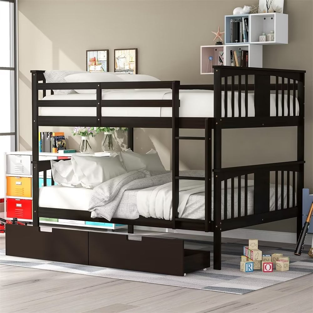 Full Over Full Bunk Beds with 2 Storage Drawers, Solid Wood Convertible ...