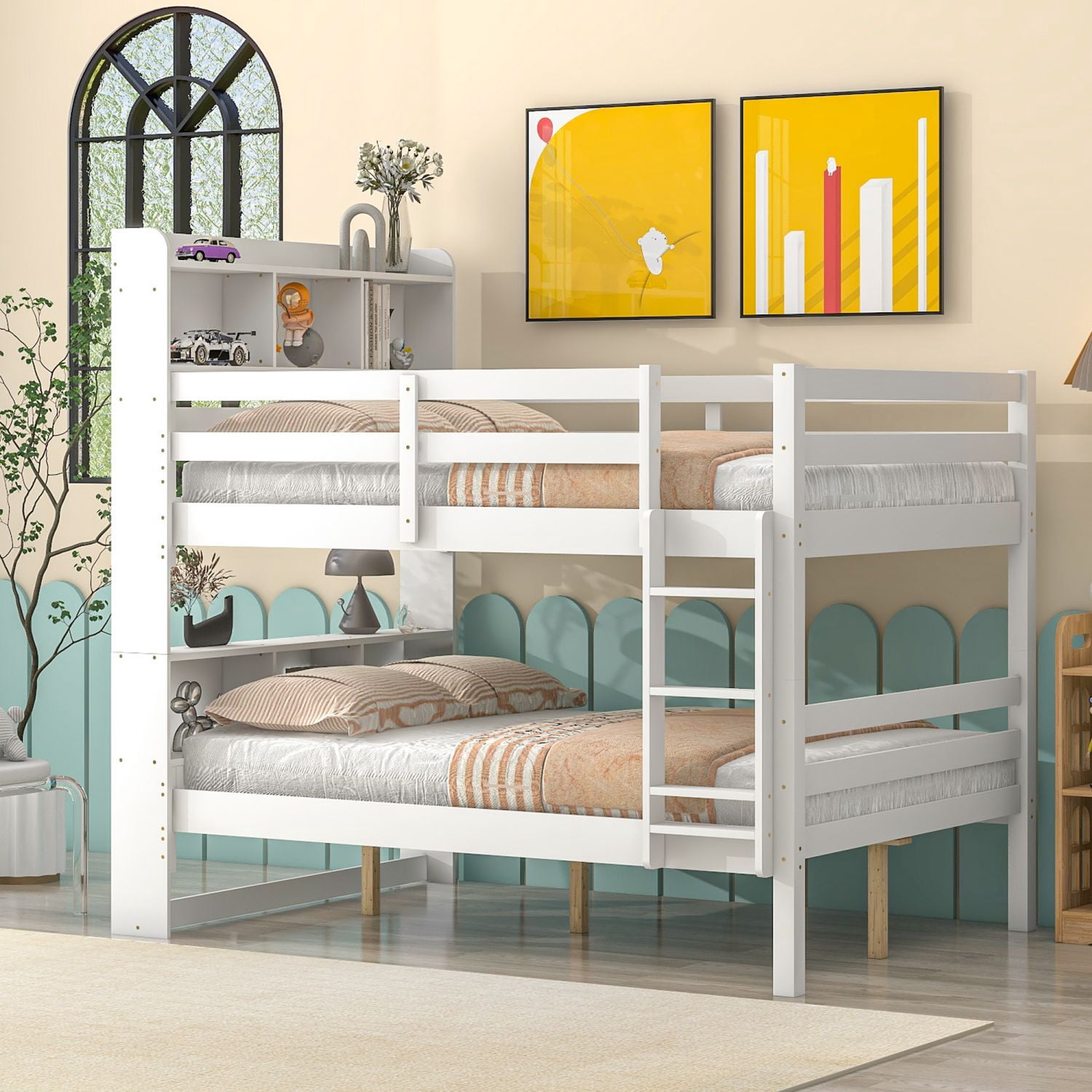 Full Over Full Bunk Beds with Bookcase Headboard, Solid Wood Bed Frame ...