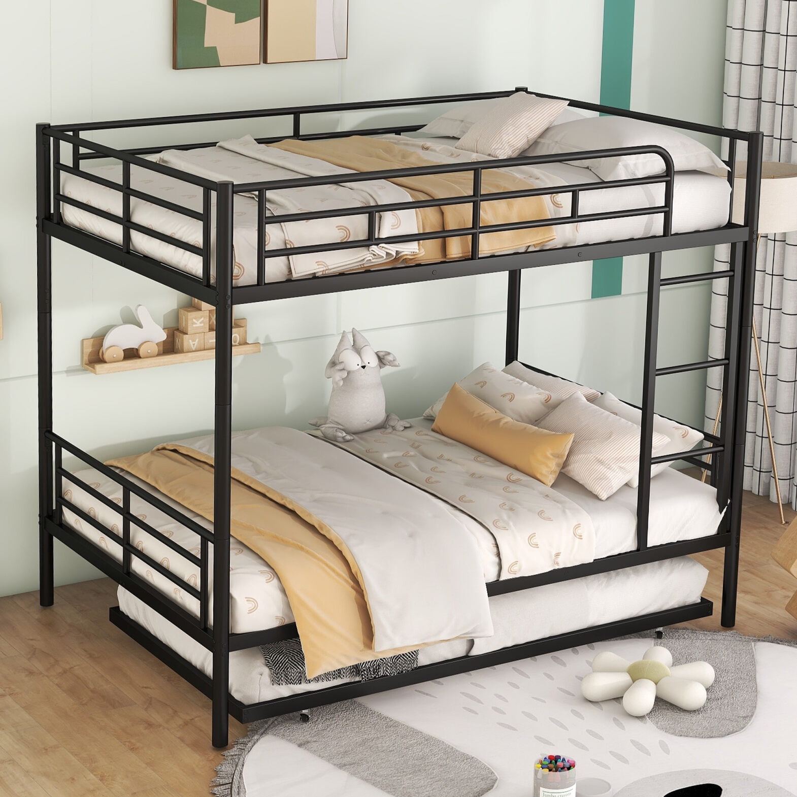 Triple Bunk Beds for Kids, Full Over Full with Trundle, 12" Guardrail ...