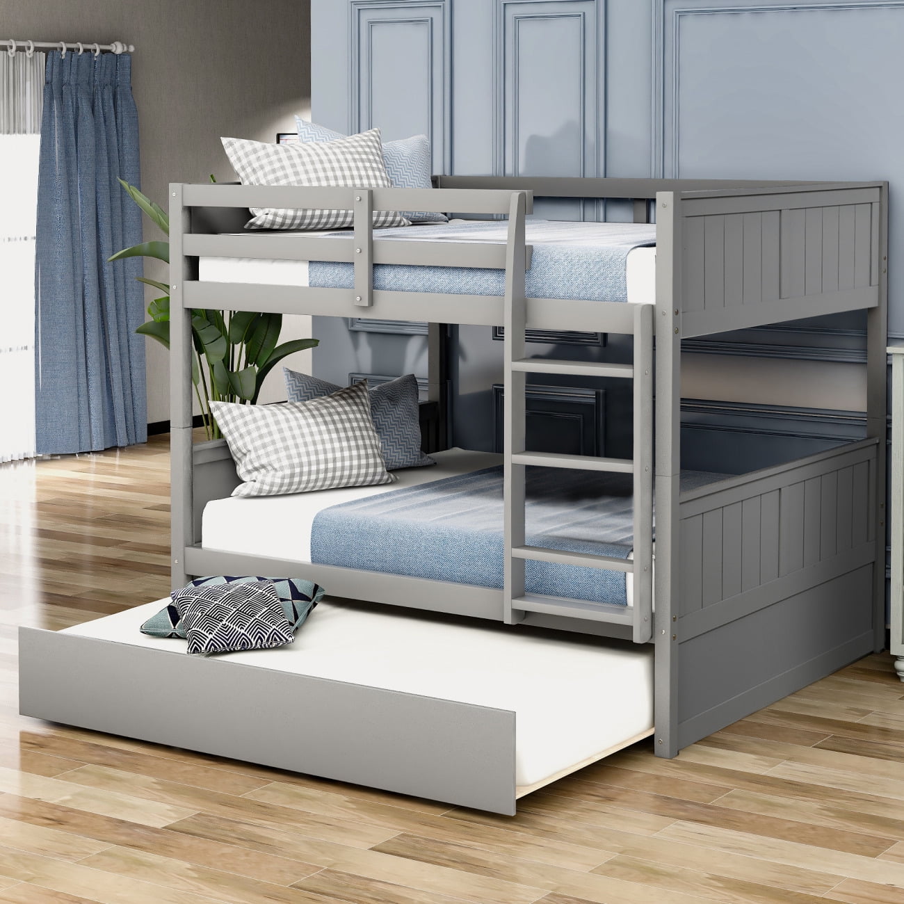 Full Over Full Bunk Beds with Twin Size Trundle, Solid Wood Bunk Bed ...