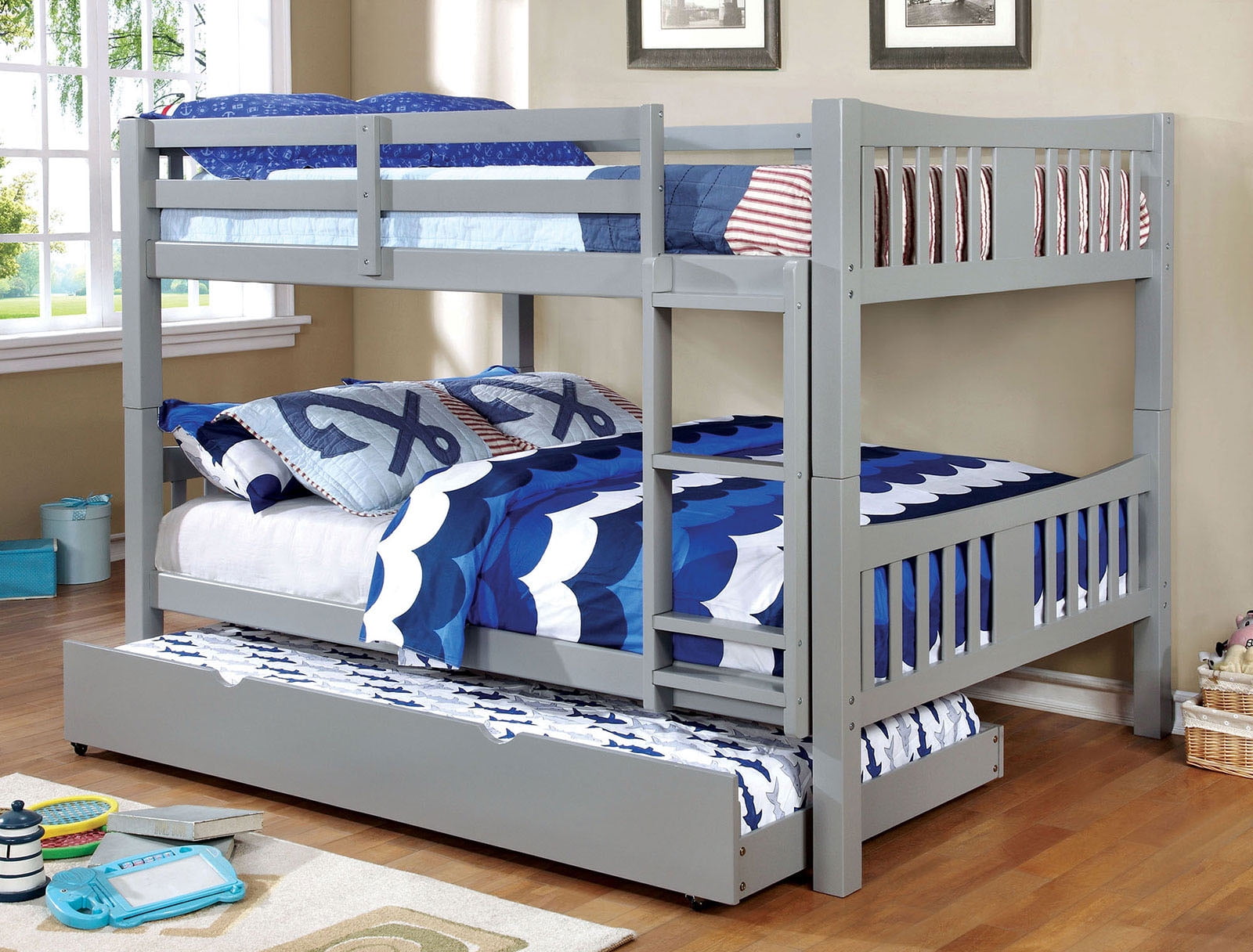 Full Over Full Bunk Bed Gray Finish Transitional Style Attached Ladder ...