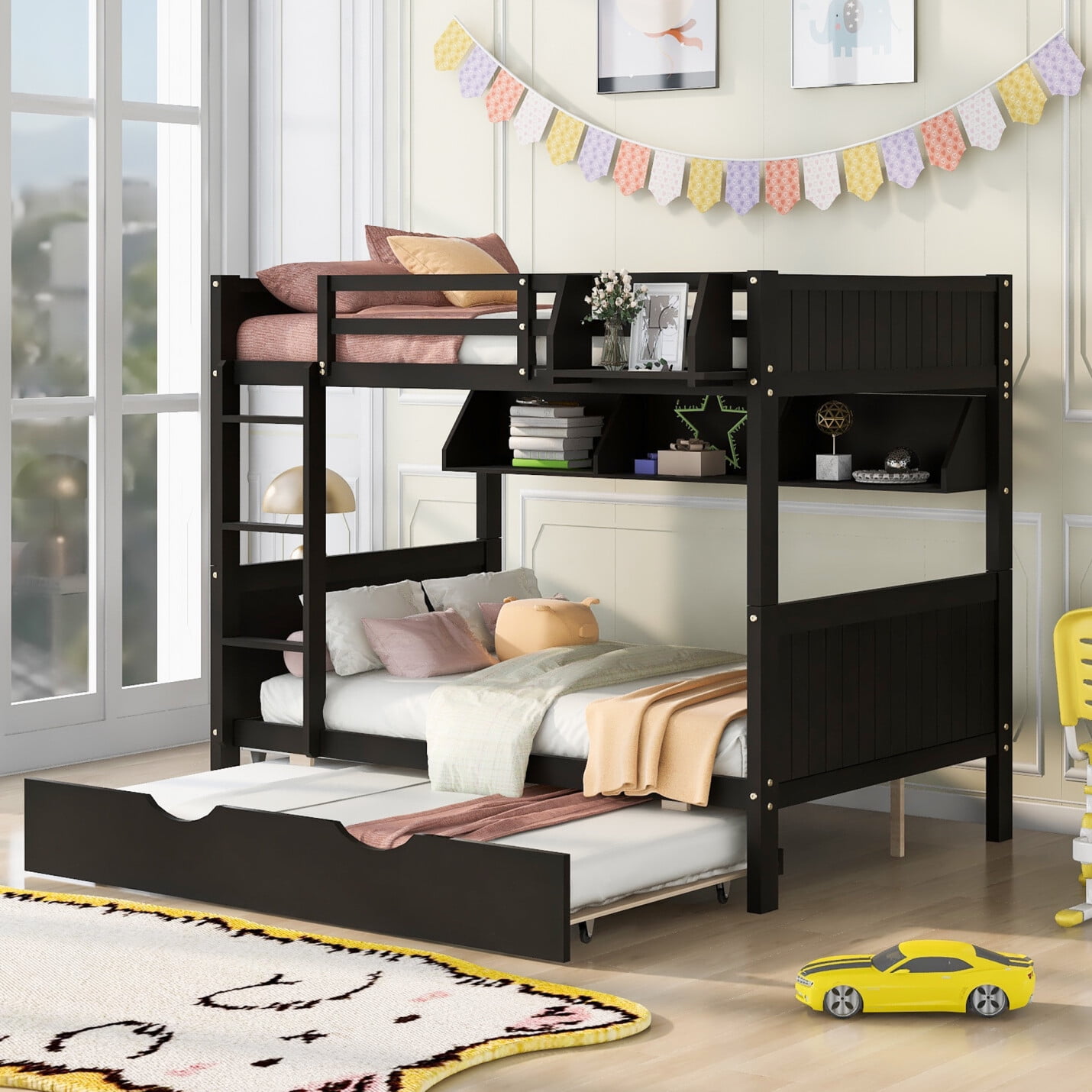 Full-Over-Full Bunk Bed with Twin Size Trundle, Wooden Bunk Bed Frame with Bookshelf and Safety ...